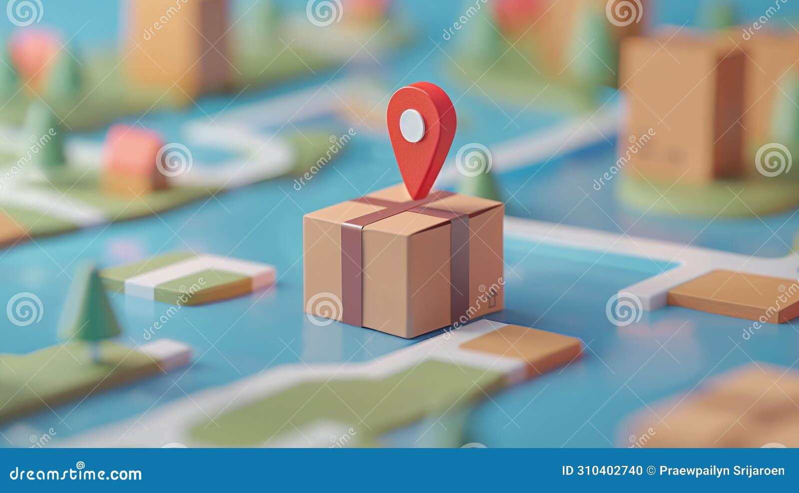 A Whimsical 3D Illustration Of A Package Marked By A Red Location Pin On A Stylized Map ...
