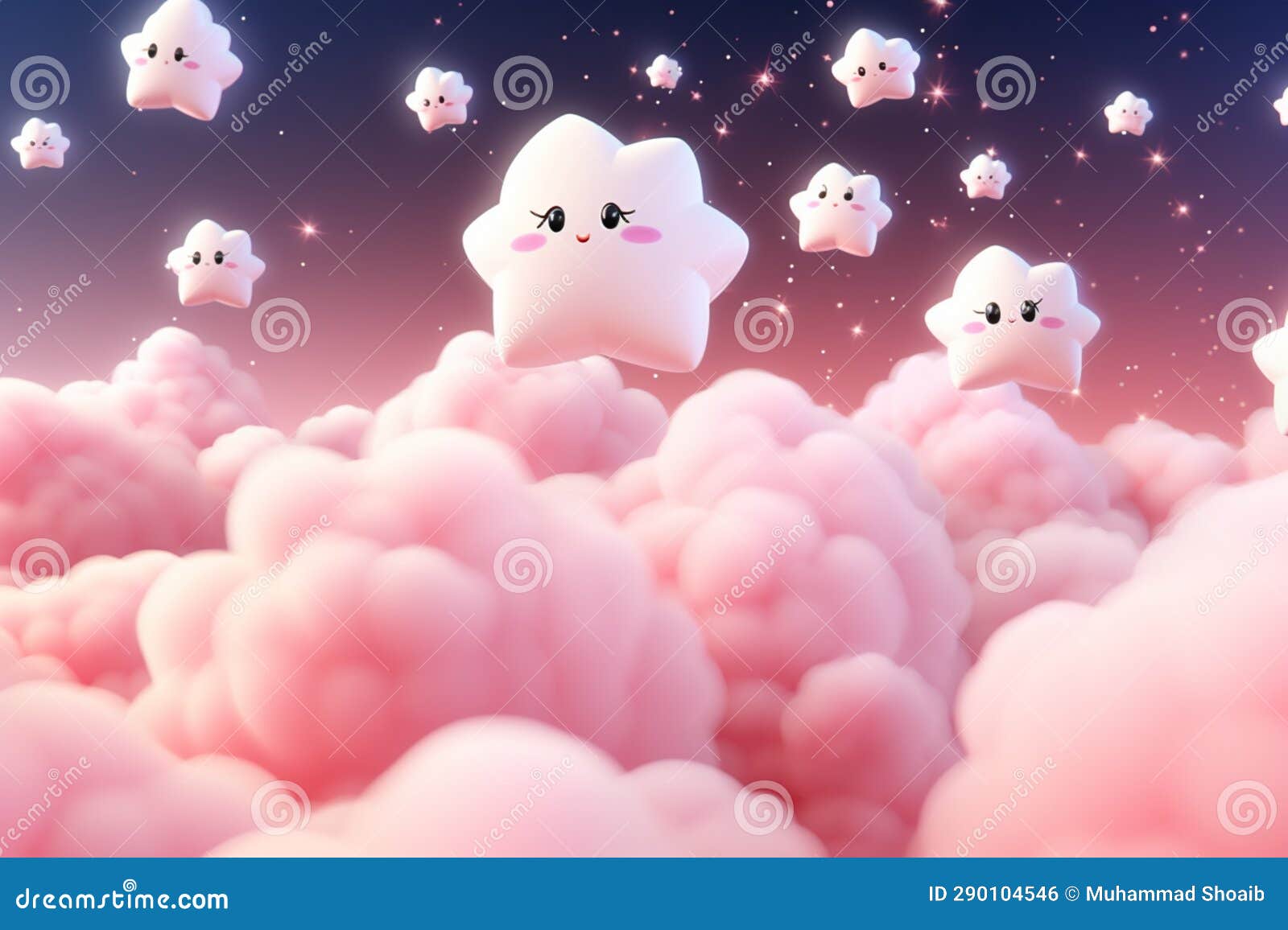 Whimsical 3D Rendering Pink Cloud Characters Under a Celestial Canopy ...