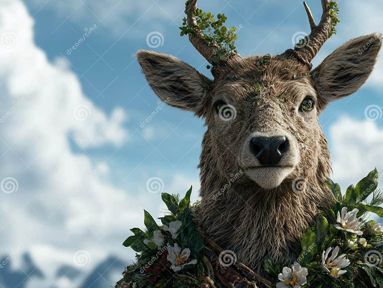 Whimsical Deer with Flowers in Antlers Stock Illustration ...