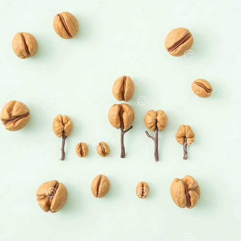 A Whimsical Design of Walnuts Arranged As Tiny Trees on a Pastel Mint ...