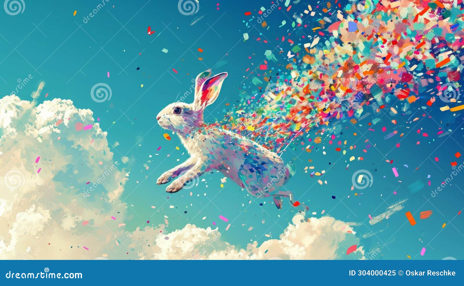 Rabbit Flying High in Sky with Colorful Confetti. Stock Illustration ...