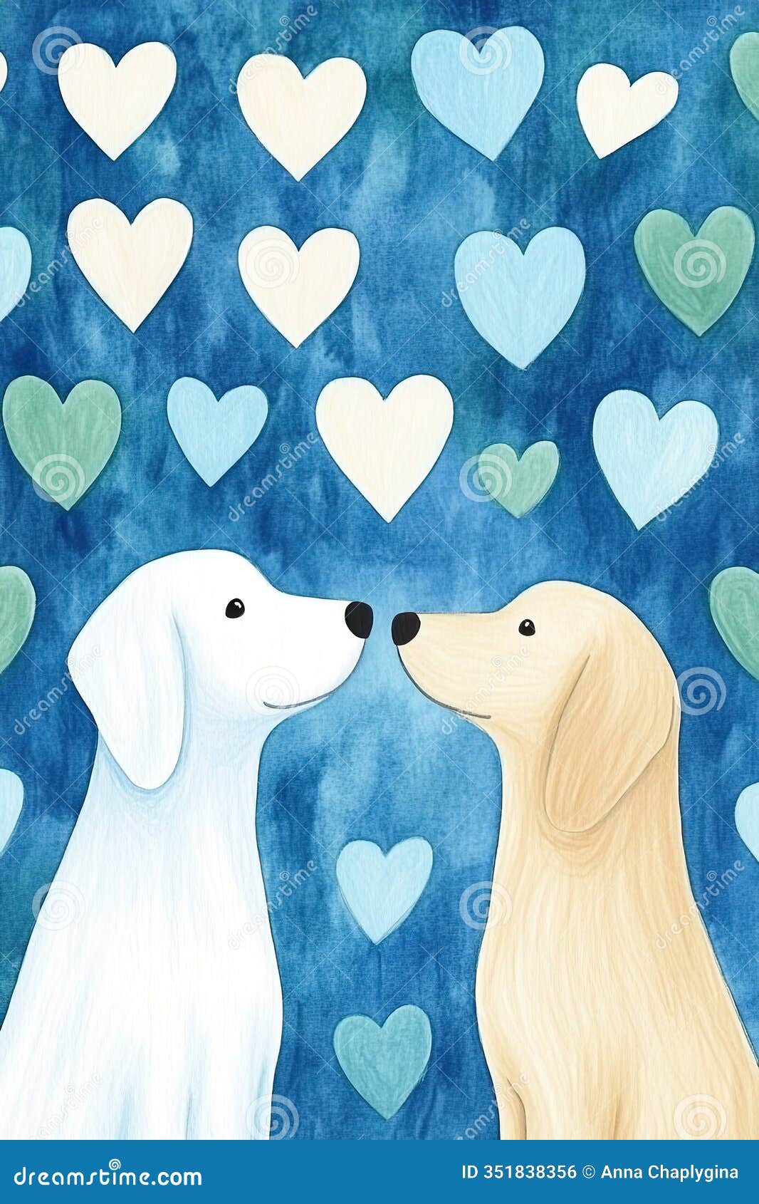 Whimsical Dogs with Heart Shapes on Blue Background Stock Photo - Image ...