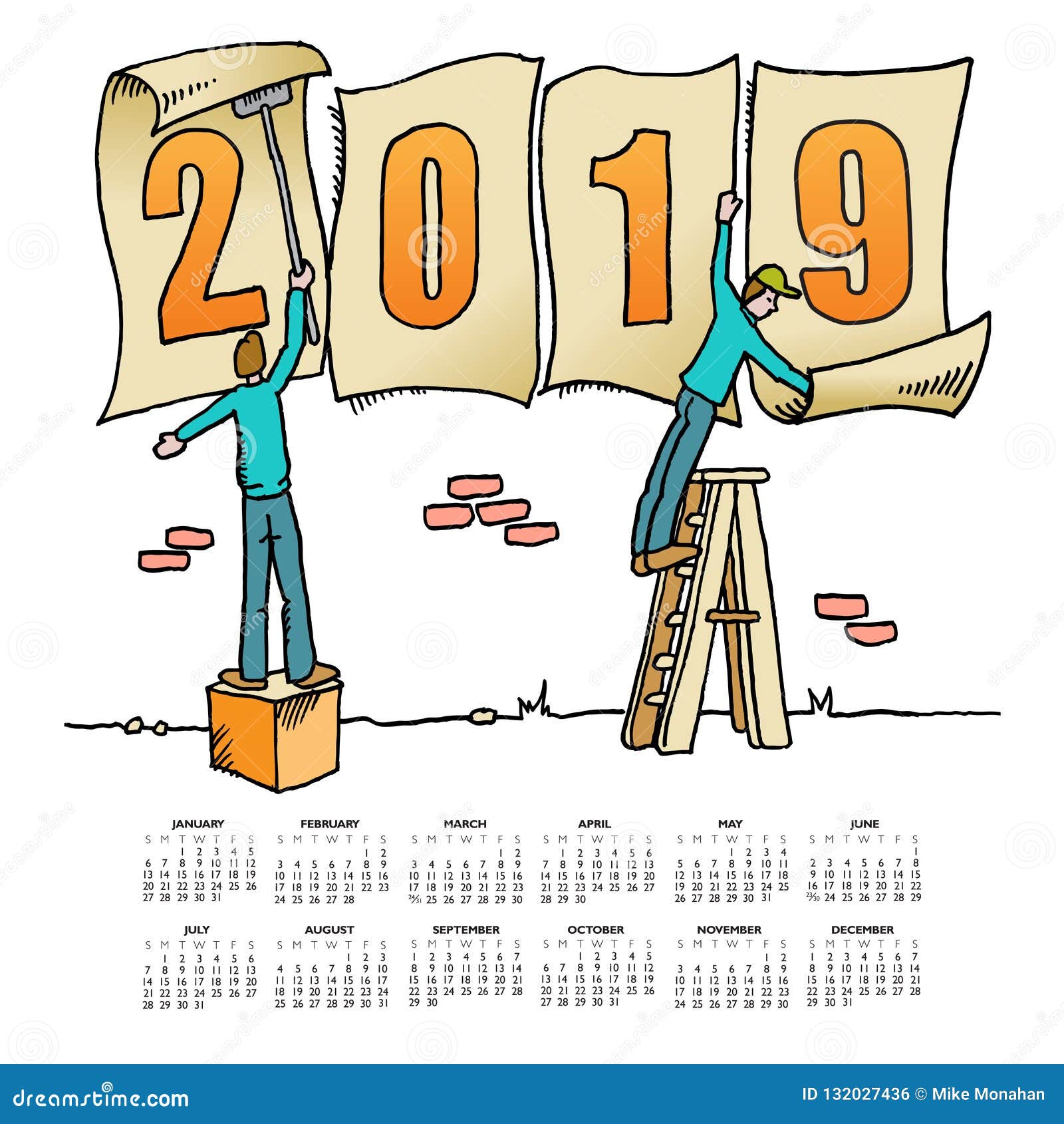 Whimsical Drawing 2019 Calendar. Stock Vector - Illustration of ladder ...