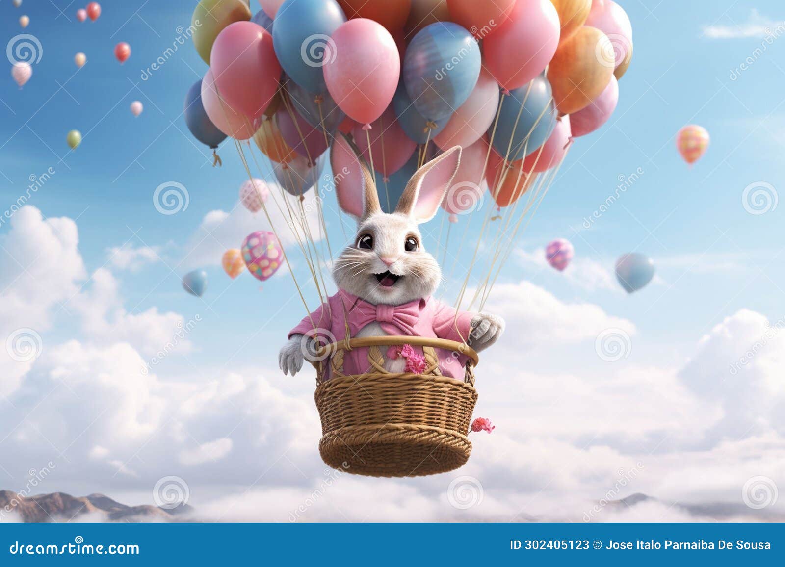 Whimsical Easter Bunny in a Air Balloon Carrying Stock Illustration ...
