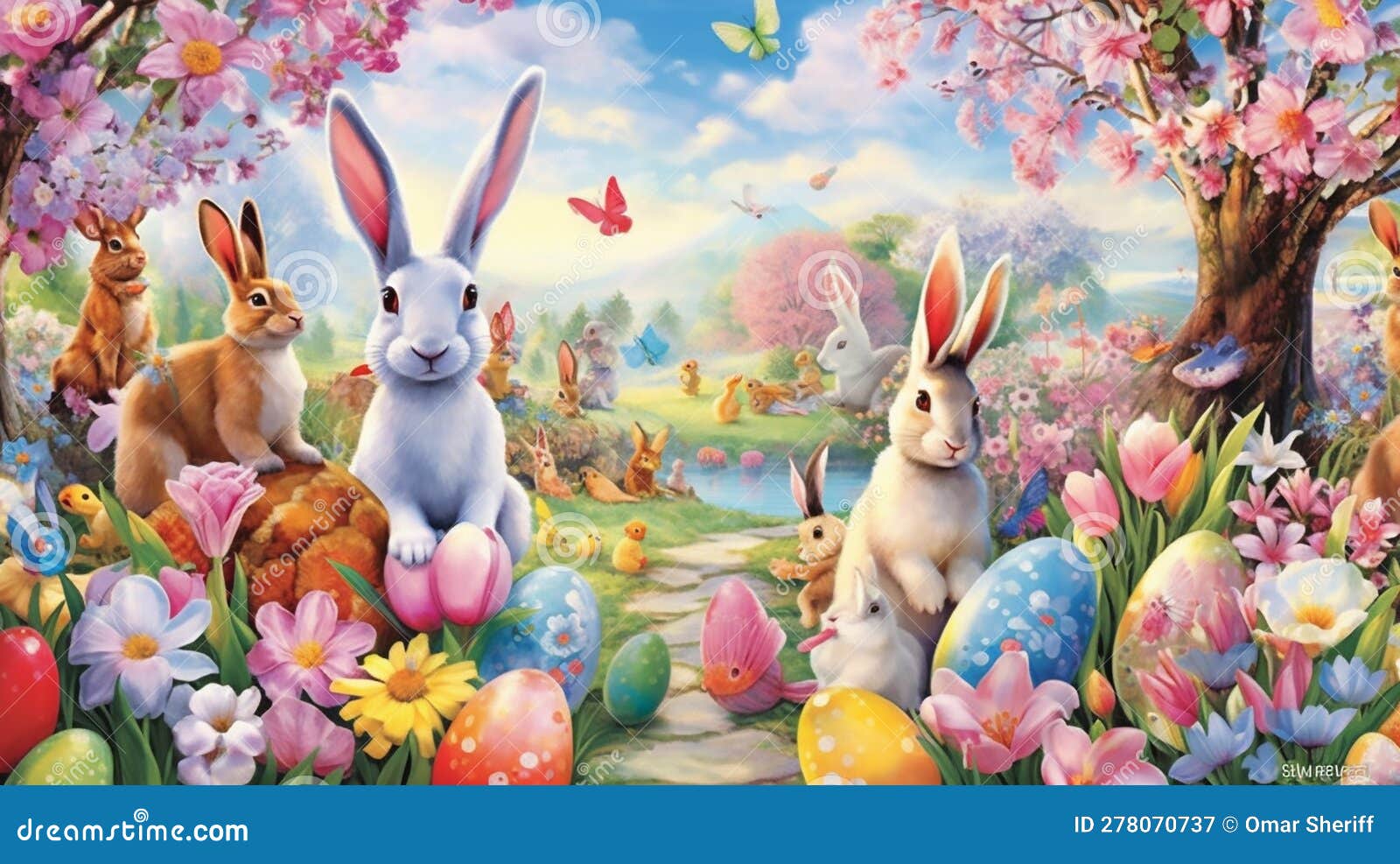 Whimsical Easter Garden stock illustration. Illustration of tree ...