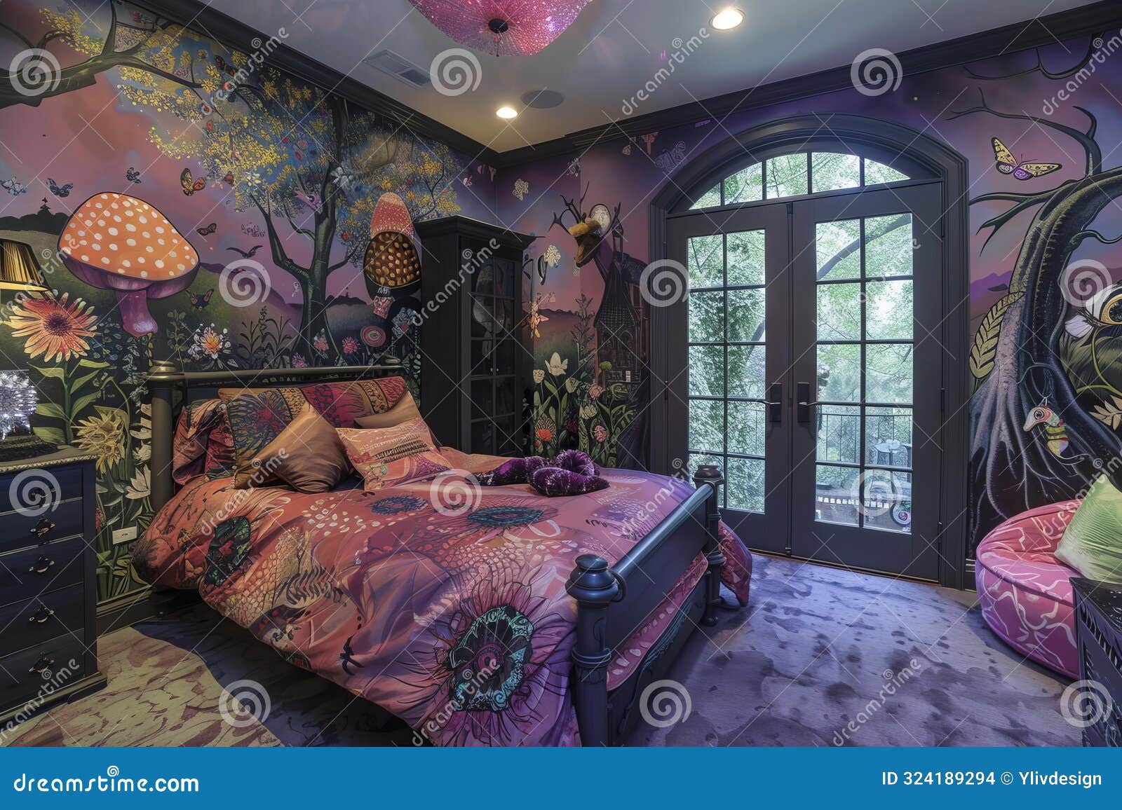 Whimsical Fantasy Bedroom with Mural and Canopy Bed Stock Photo - Image ...