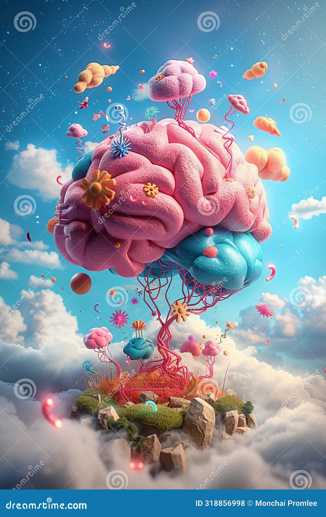 Whimsical Floating Brain Landscape with Vibrant Colors and Surreal ...
