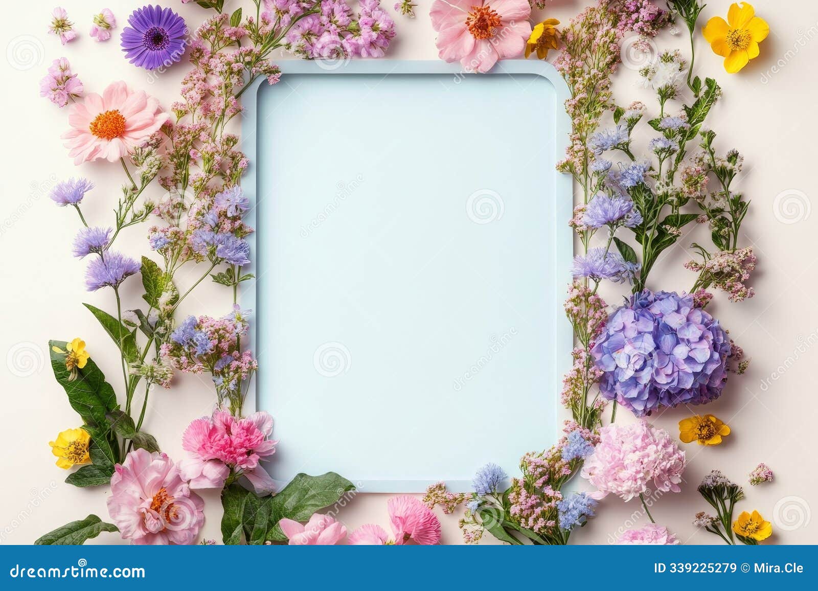 A Whimsical Floral Border Surrounds a Light Blue Frame Set on a Soft ...