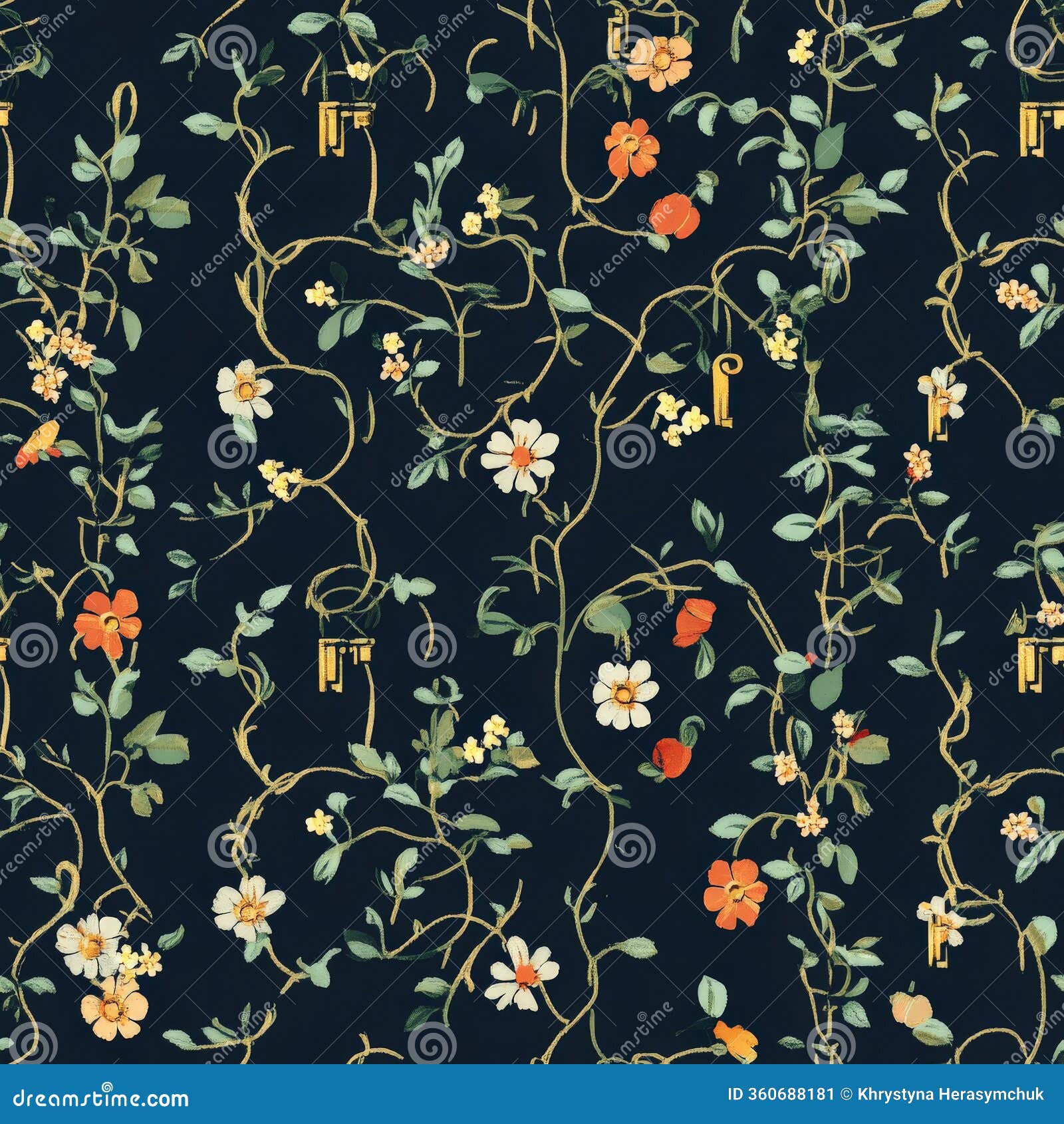 A Whimsical Floral Vine Pattern Twisting Around Tiny Golden Keys. Stock ...