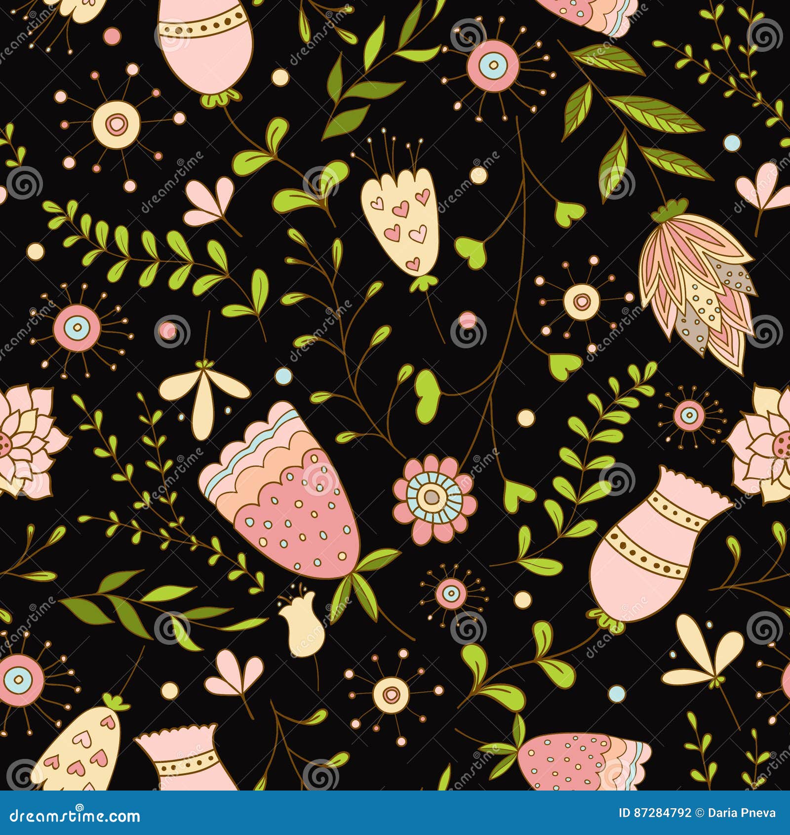 Whimsical Flowers Seamless Pattern on Black Background. Stock Vector ...