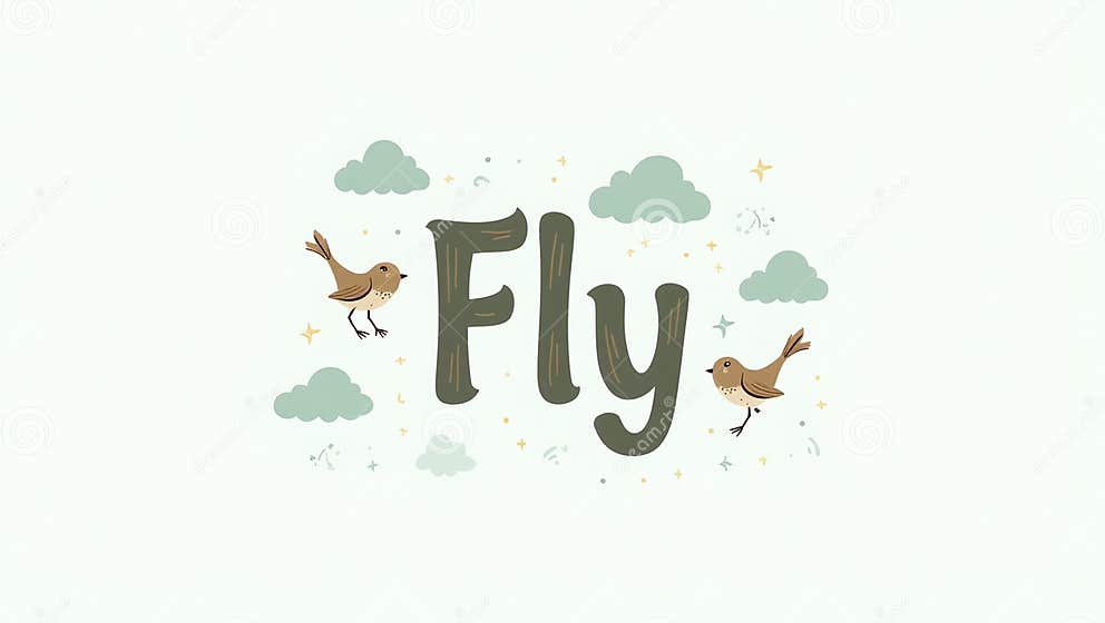 Whimsical Fly Word with Bird Doodles and Clouds Stock Illustration ...