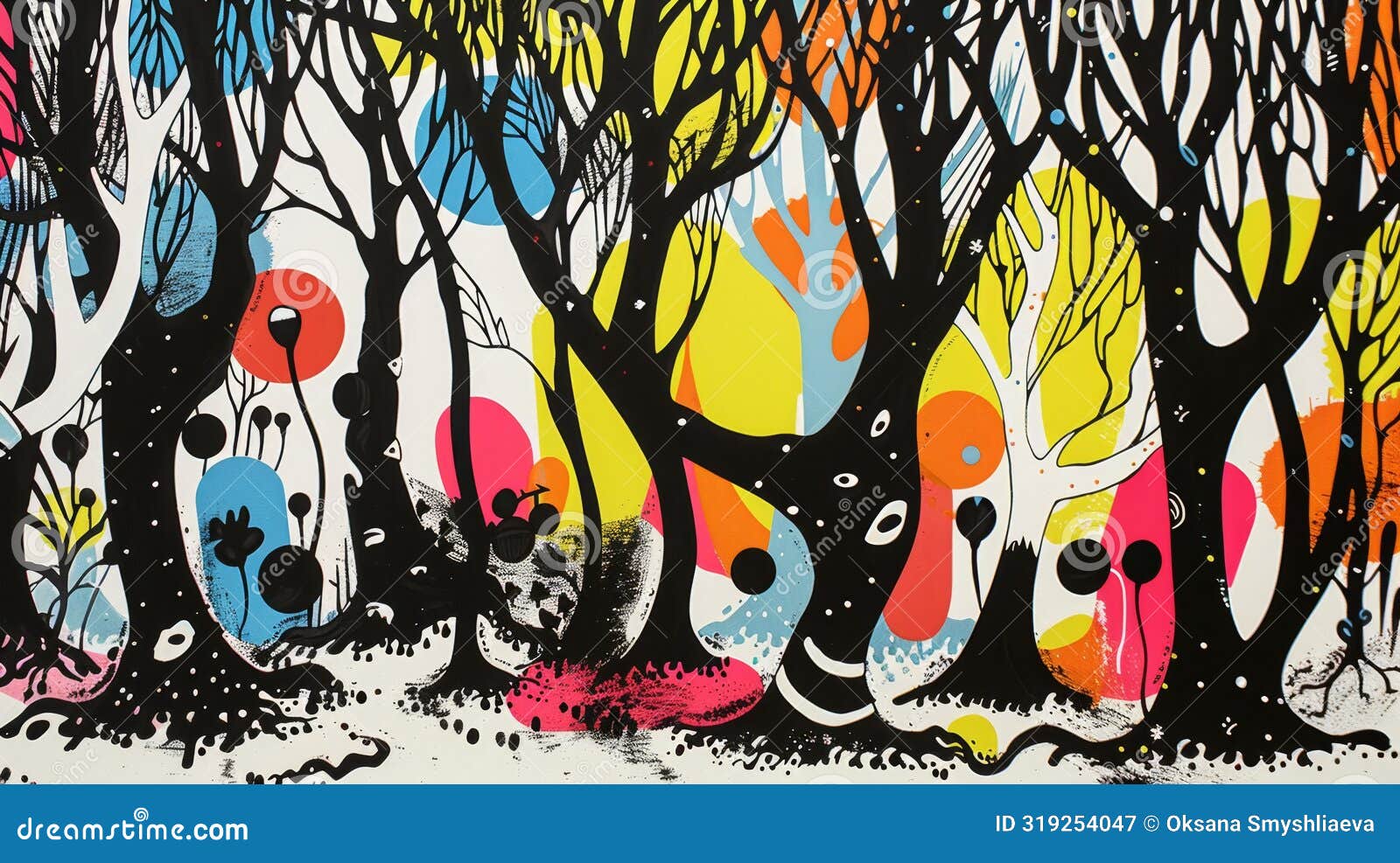 Whimsical Forest Abstract Art, Colorful Nature Wall Mural Stock Image ...