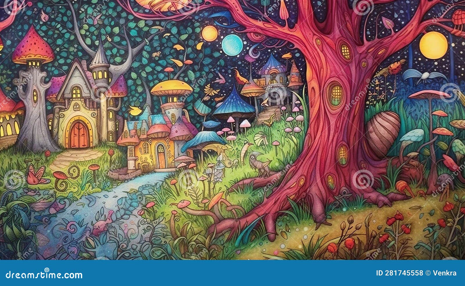 Whimsical Forest Scene with Trees and Hidden Creatures Stock ...