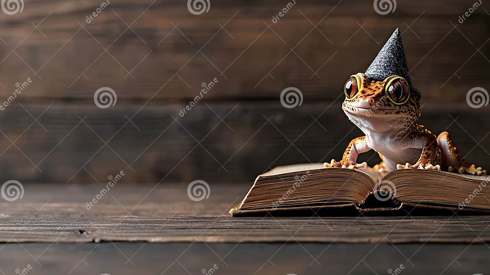 A Charming Gecko Wizard with a Tiny Hat and a Mystical Book Awaiting ...