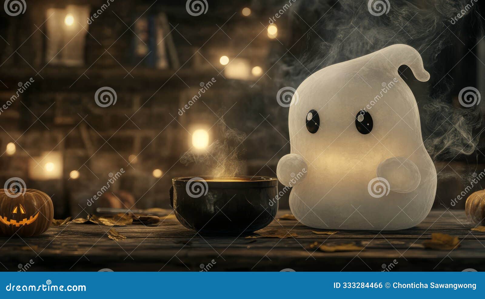 A Whimsical Ghost Character Glowing beside a Bubbling Cauldron in a ...