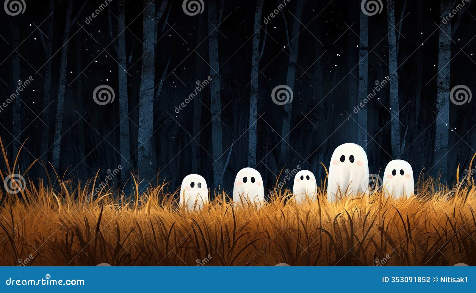 Whimsical Ghost Figures in a Dark Forest with Glowing Grass and Starry ...