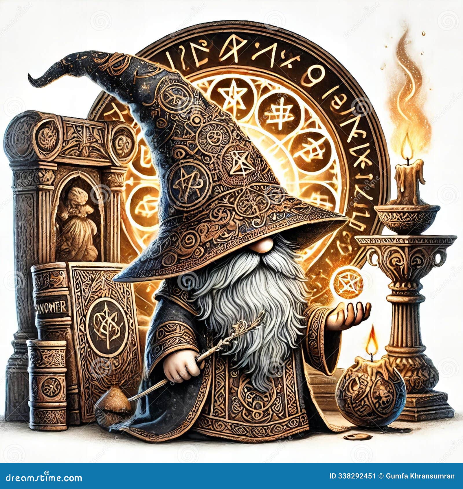 Whimsical Gnome in Mystical Setting, Surrounded by Magical Symbols and ...