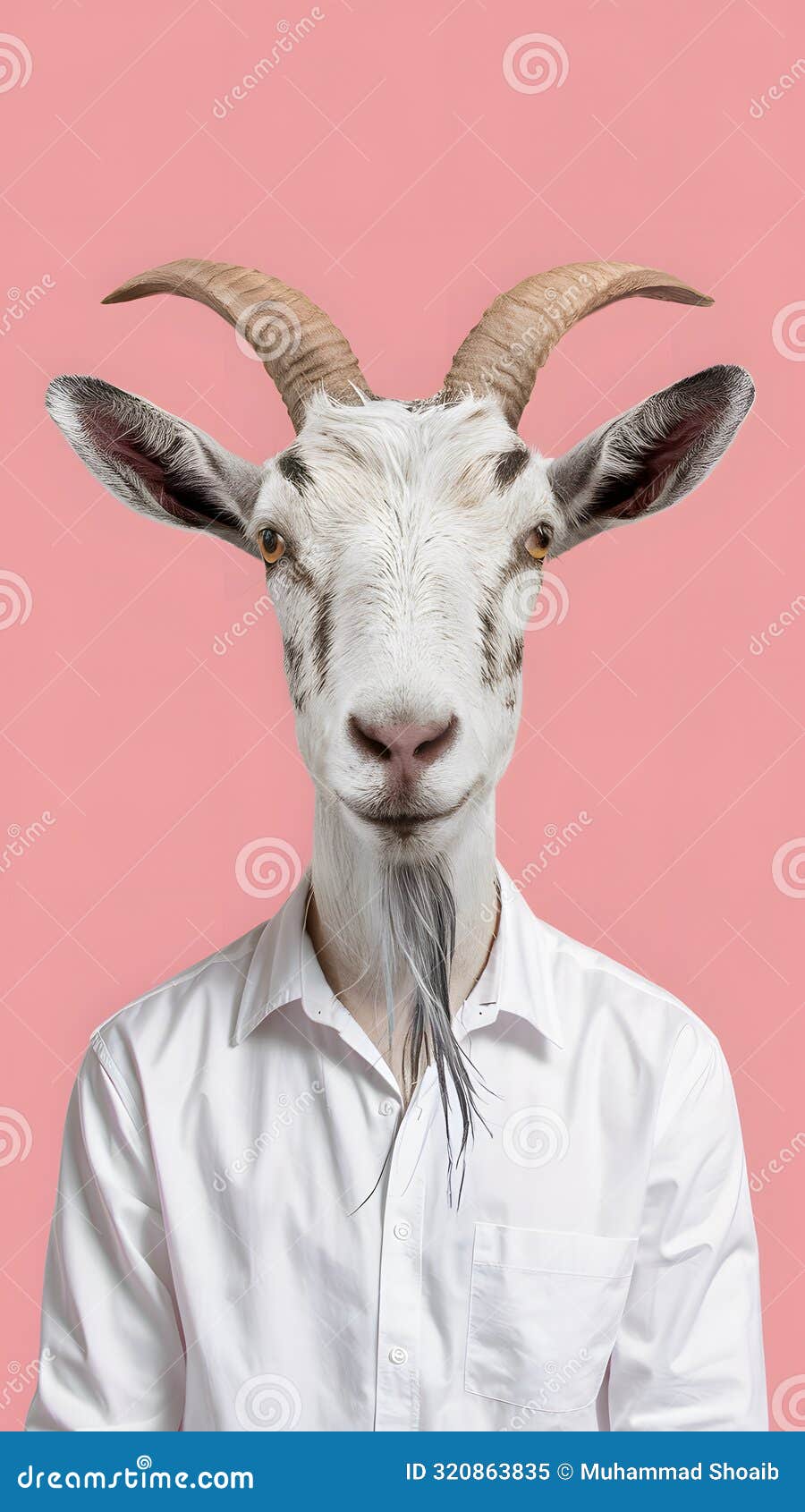 A Whimsical Goat with Human-like Features Dressed in a White Shirt ...