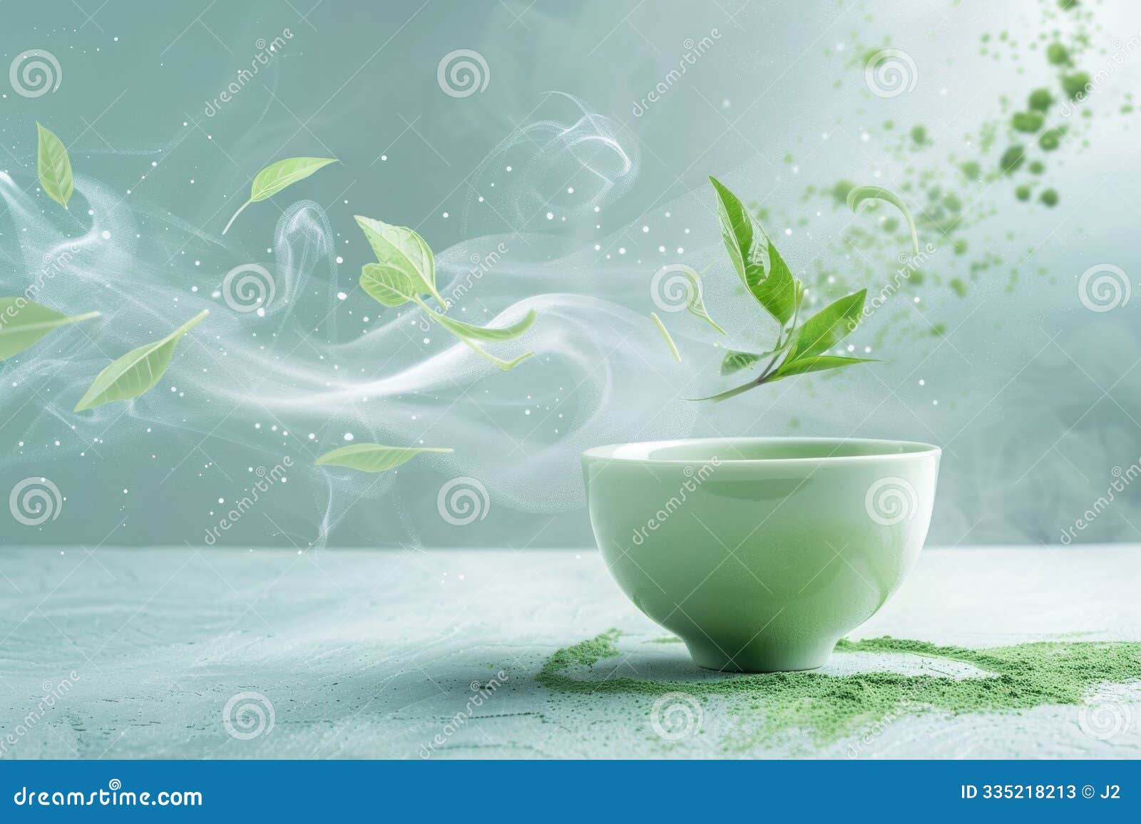 Whimsical Green Tea Leaves Soaring Above a Ceramic Cup - Concept of ...