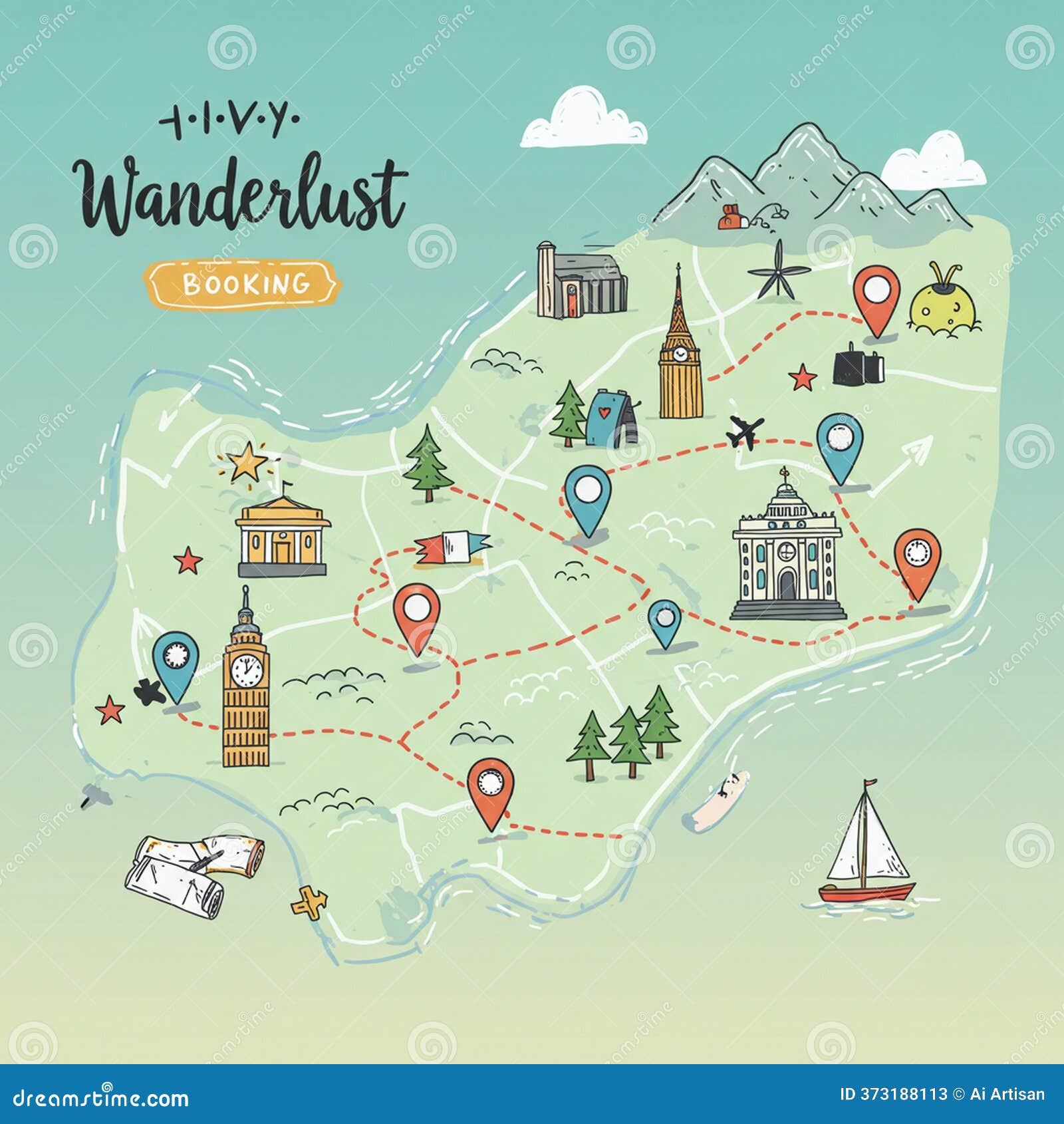 Whimsical Illustrated World Map Featuring Ships, Landmarks, And Vibrant ...