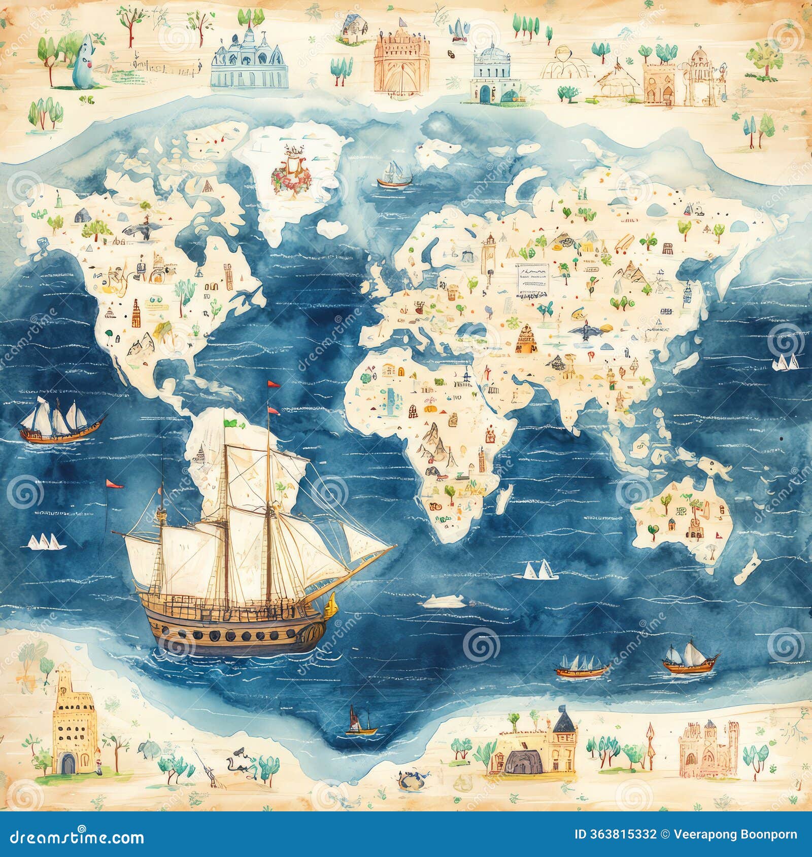 Whimsical Illustrated World Map Featuring Ships, Landmarks, And Vibrant ...