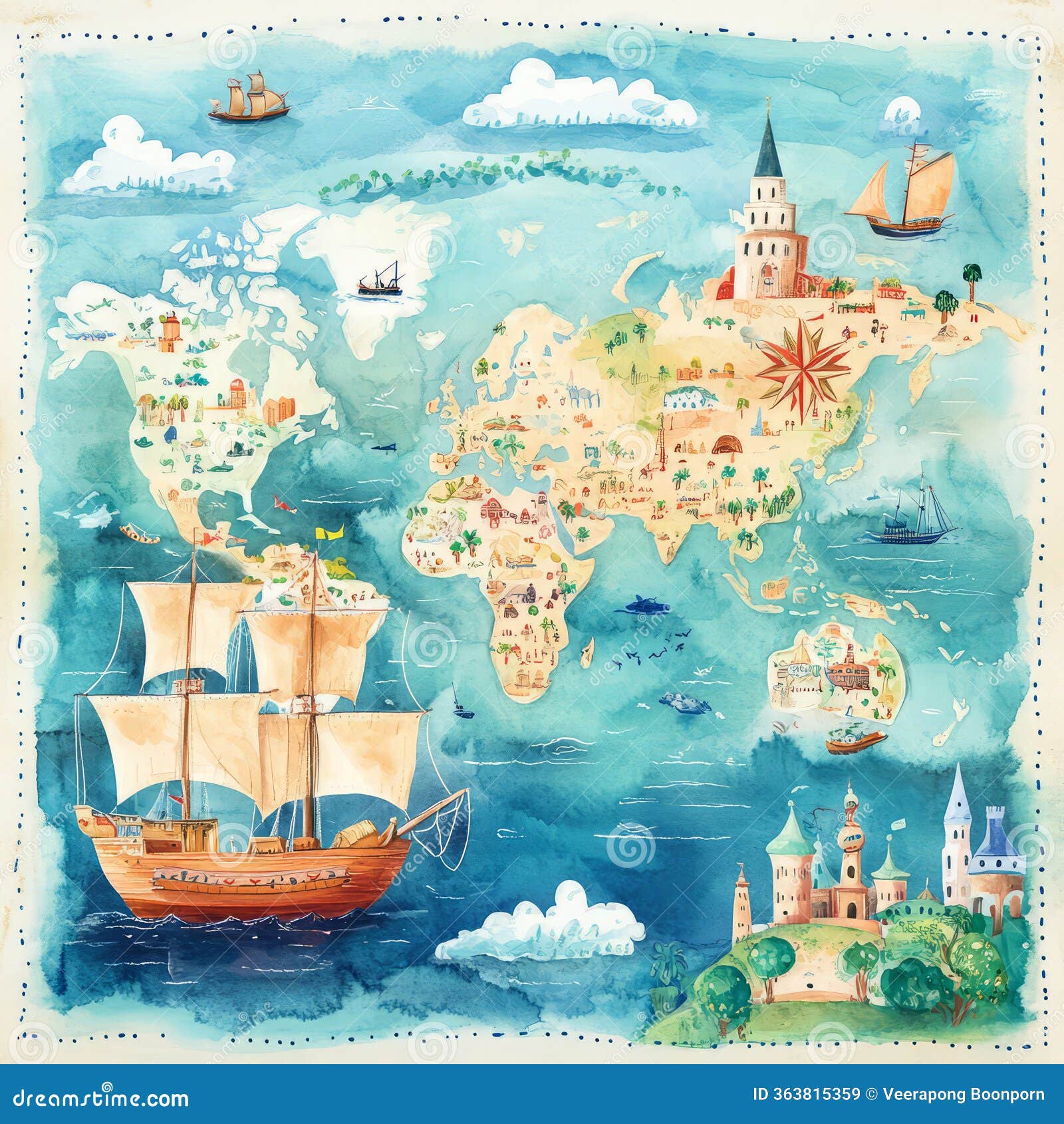 Whimsical Illustrated World Map Featuring Ships, Landmarks, And Vibrant ...