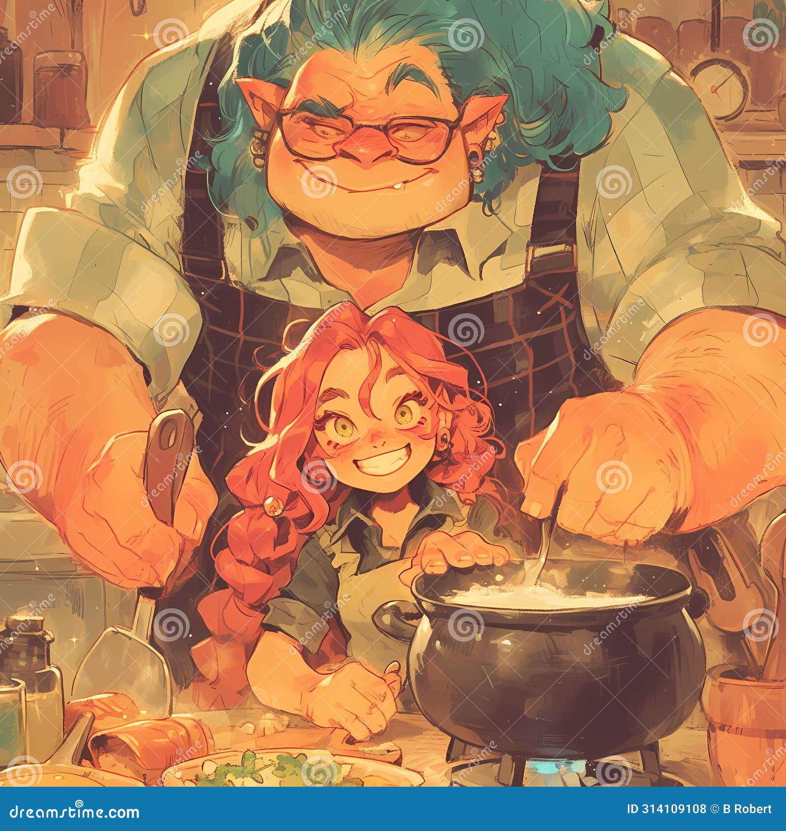 Bonding Over Cooking with Fantasy Characters. Stock Illustration ...