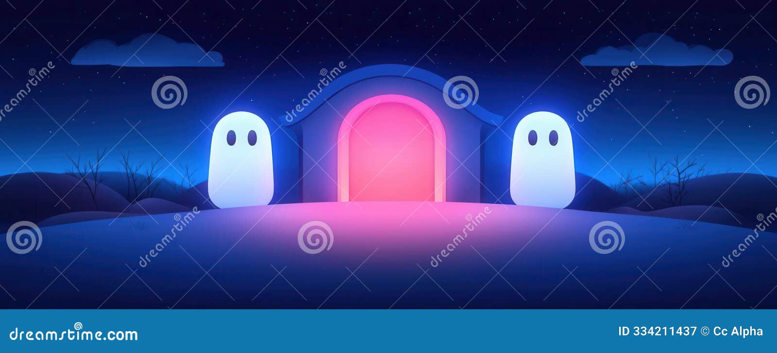 A Whimsical Illustration of Two Friendly Ghosts Standing by a Glowing ...