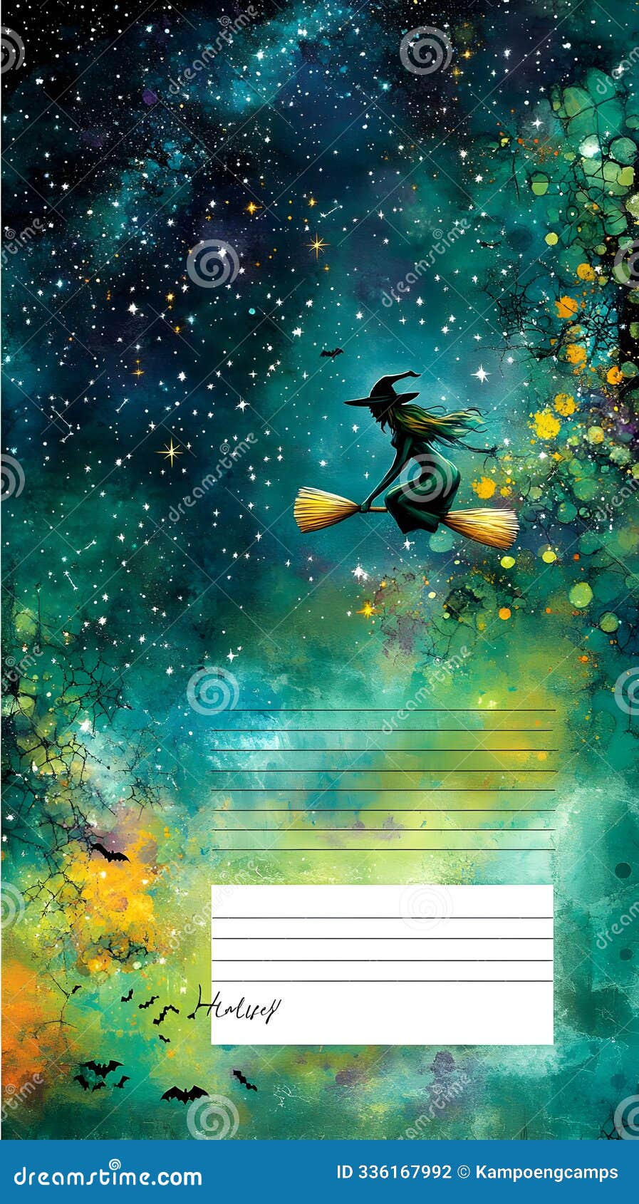 A Whimsical Illustration of a Witch Flying through a Starry Night Sky ...