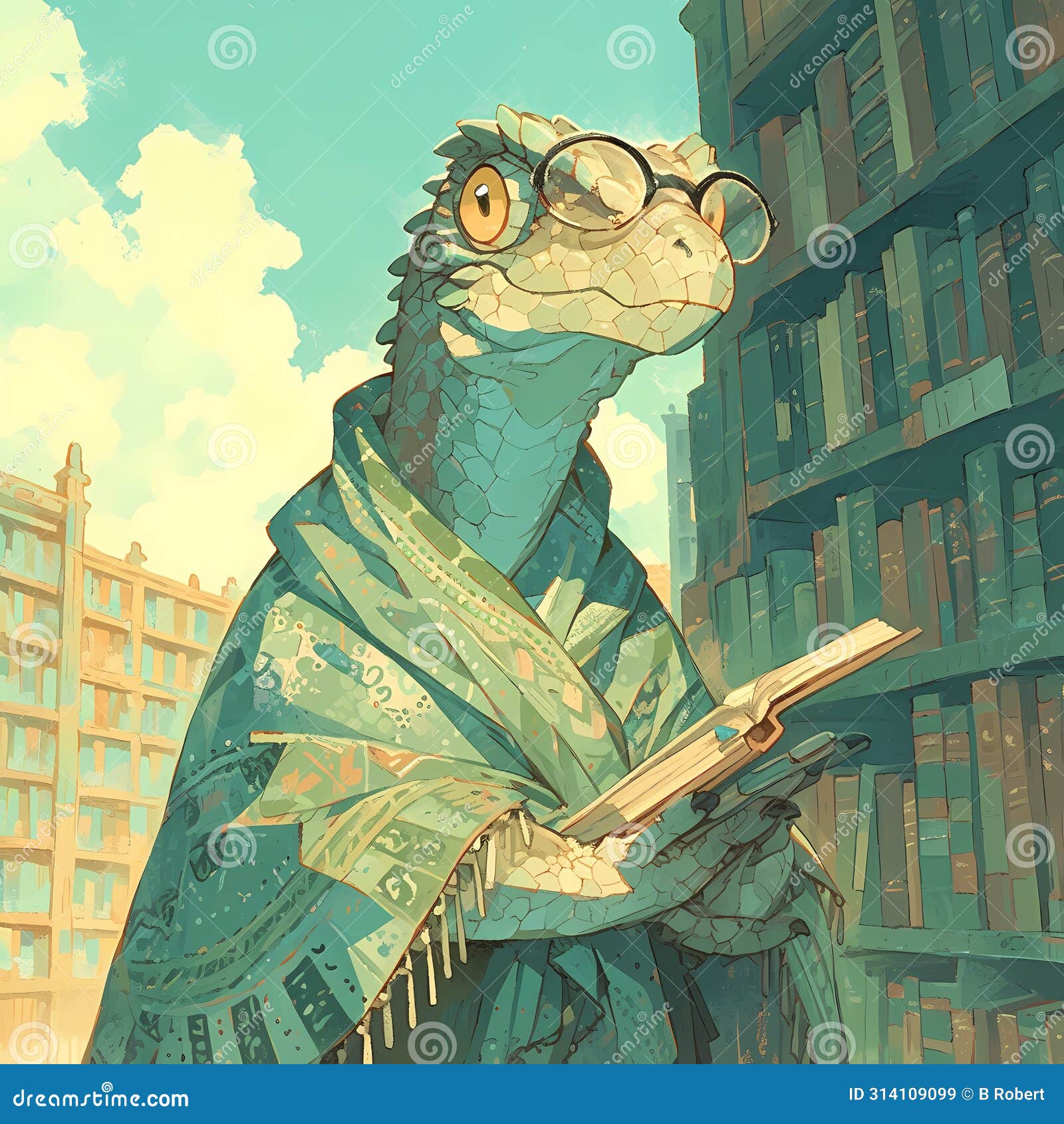 Dinosaur Librarian with Glasses and Bookshelf Stock Illustration ...