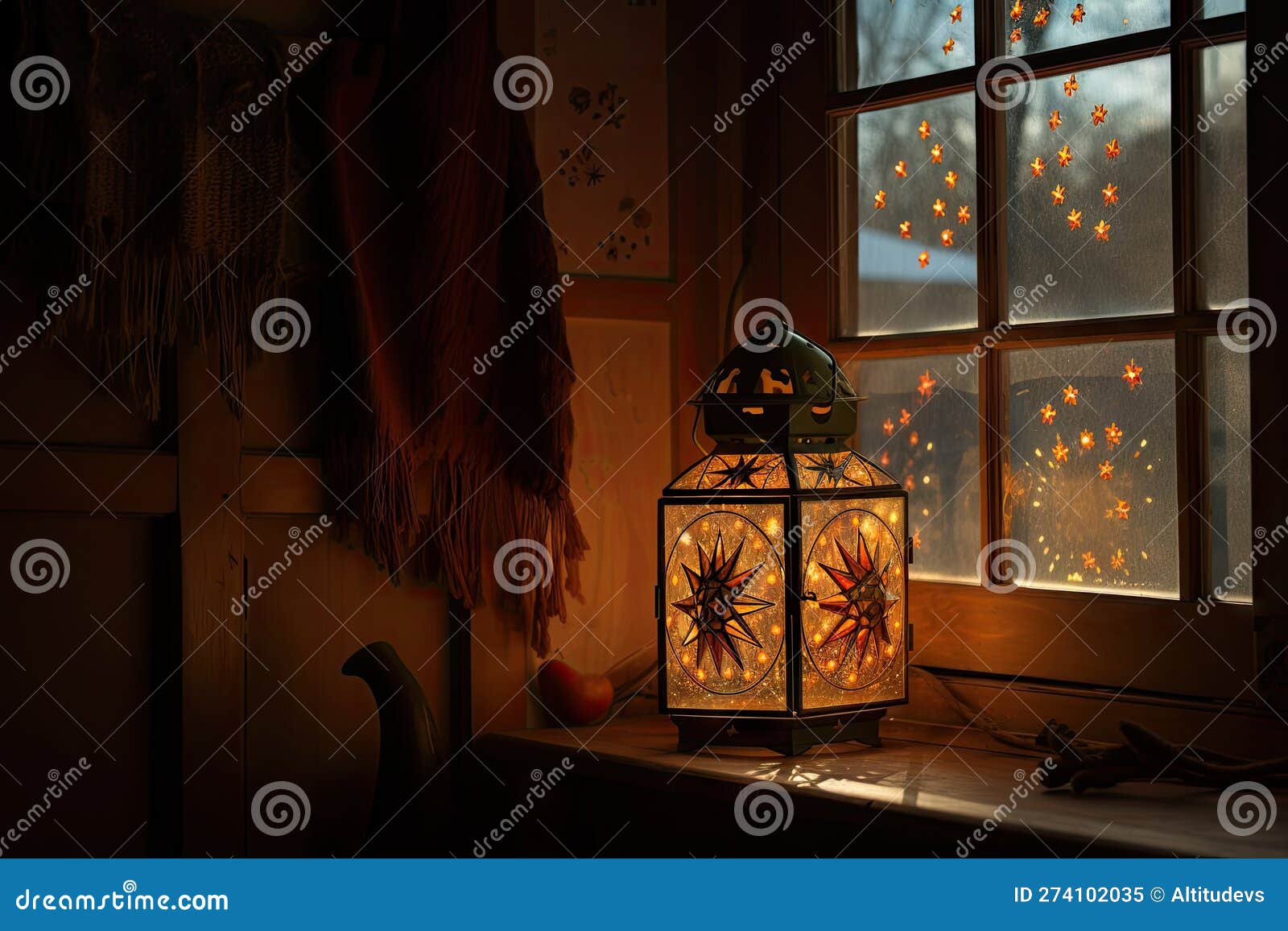 A Whimsical Lantern, with String of Lights and Starburst Pattern, on a ...