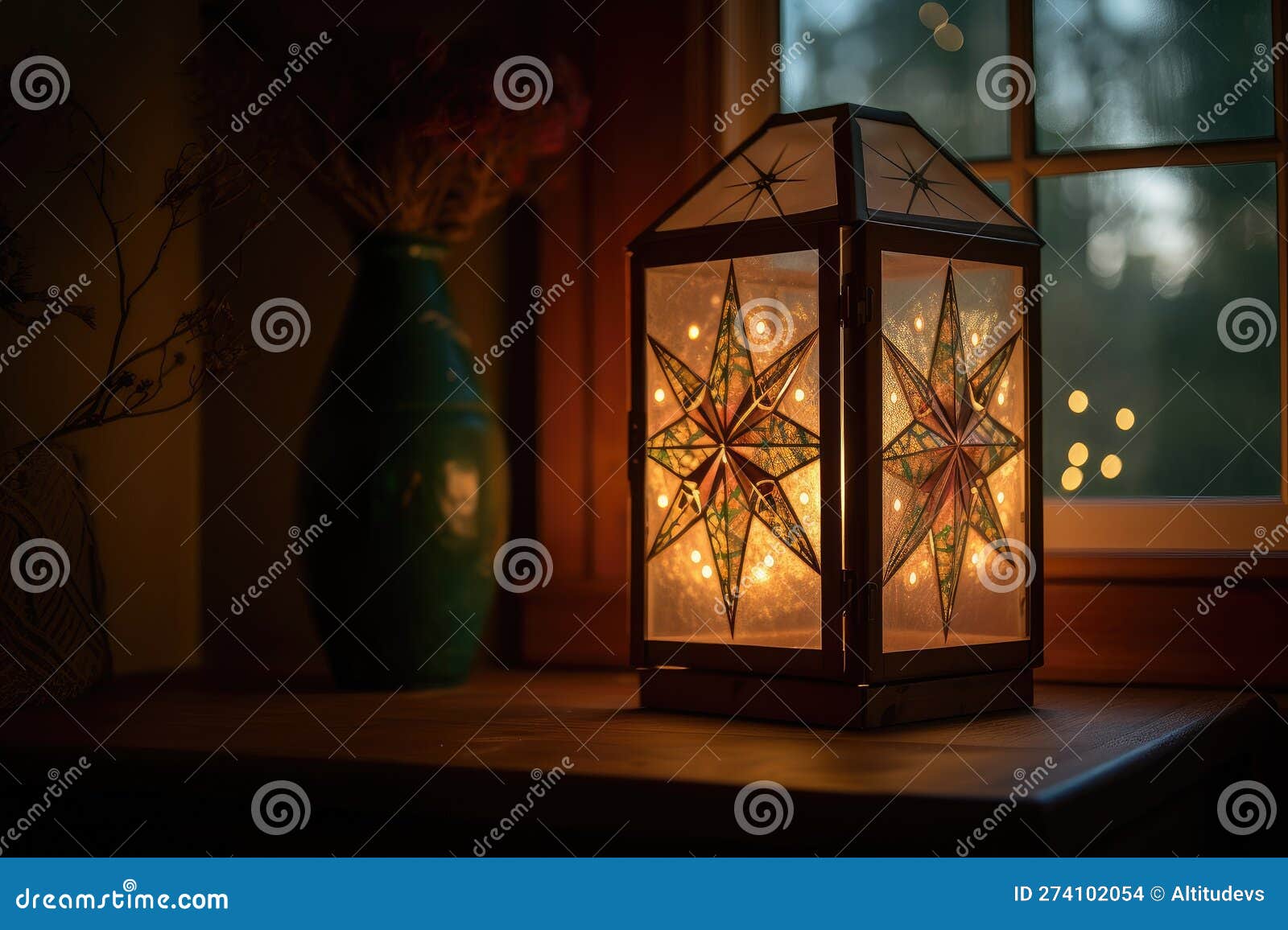A Whimsical Lantern, with String of Lights and Starburst Pattern, on a ...