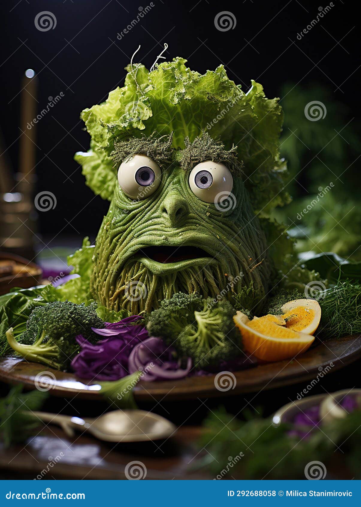 Whimsical Lettuce with Expressive Eyes and Face on Plate Stock ...
