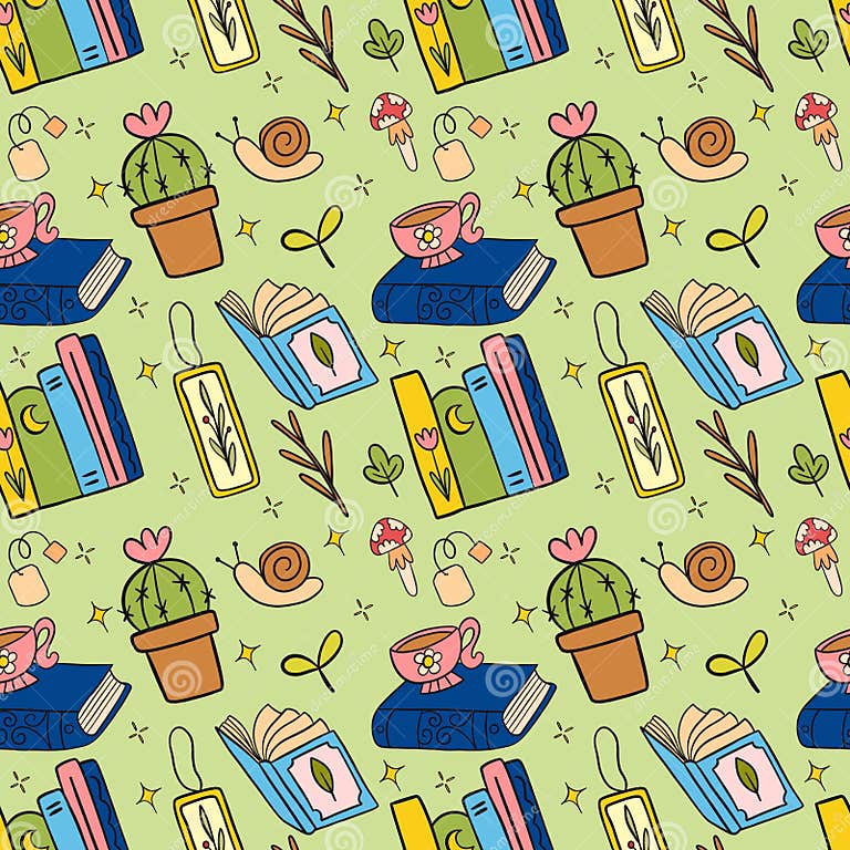 Whimsical Library-Themed Seamless Pattern with Books, Tea, and Cacti ...