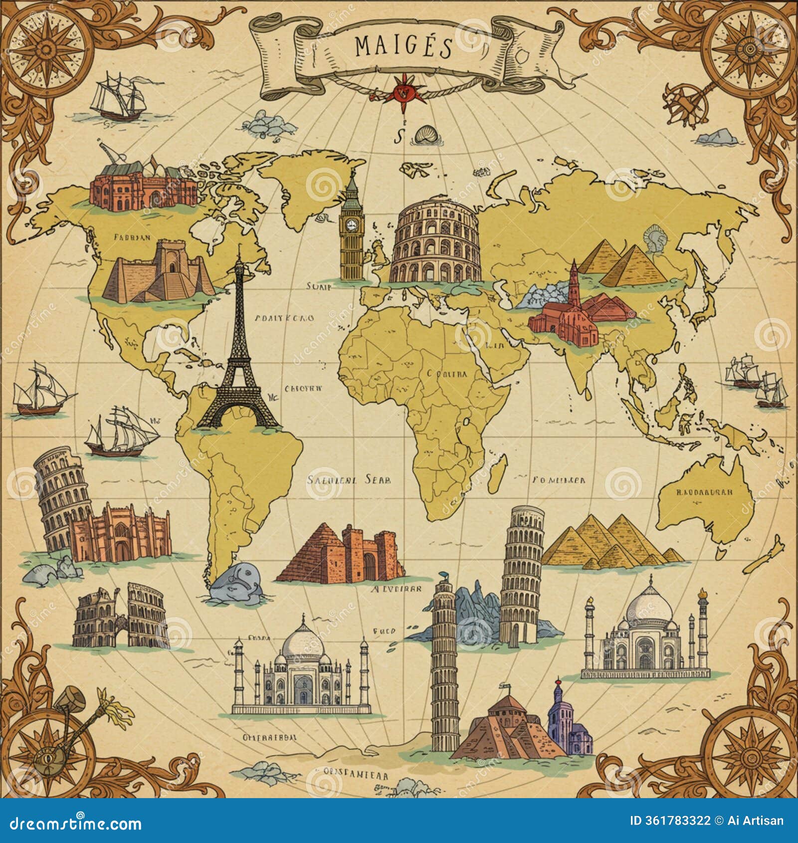 Whimsical Map Illustration Depicting Various Famous Landmarks Around ...