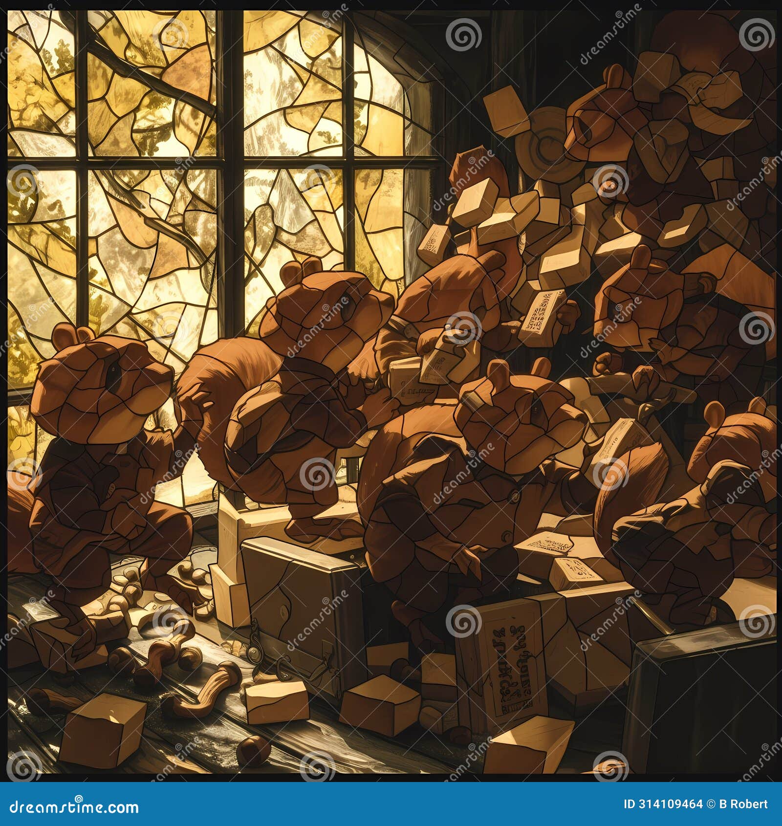 Whimsical Mouse Team in Stained Glass Window Stock Illustration ...