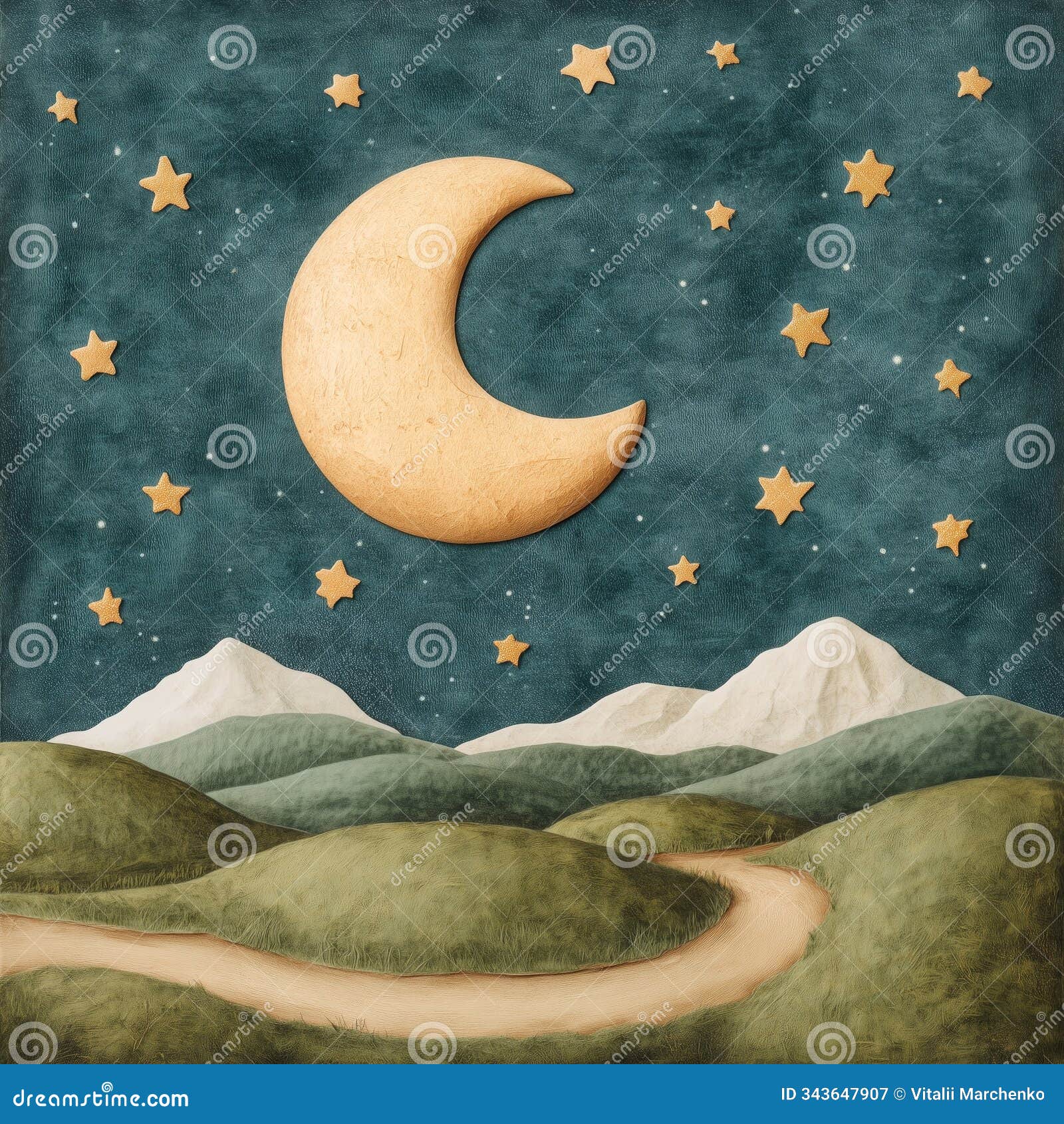 Whimsical Night Sky with Crescent Moon and Stars Over Rolling Hills ...