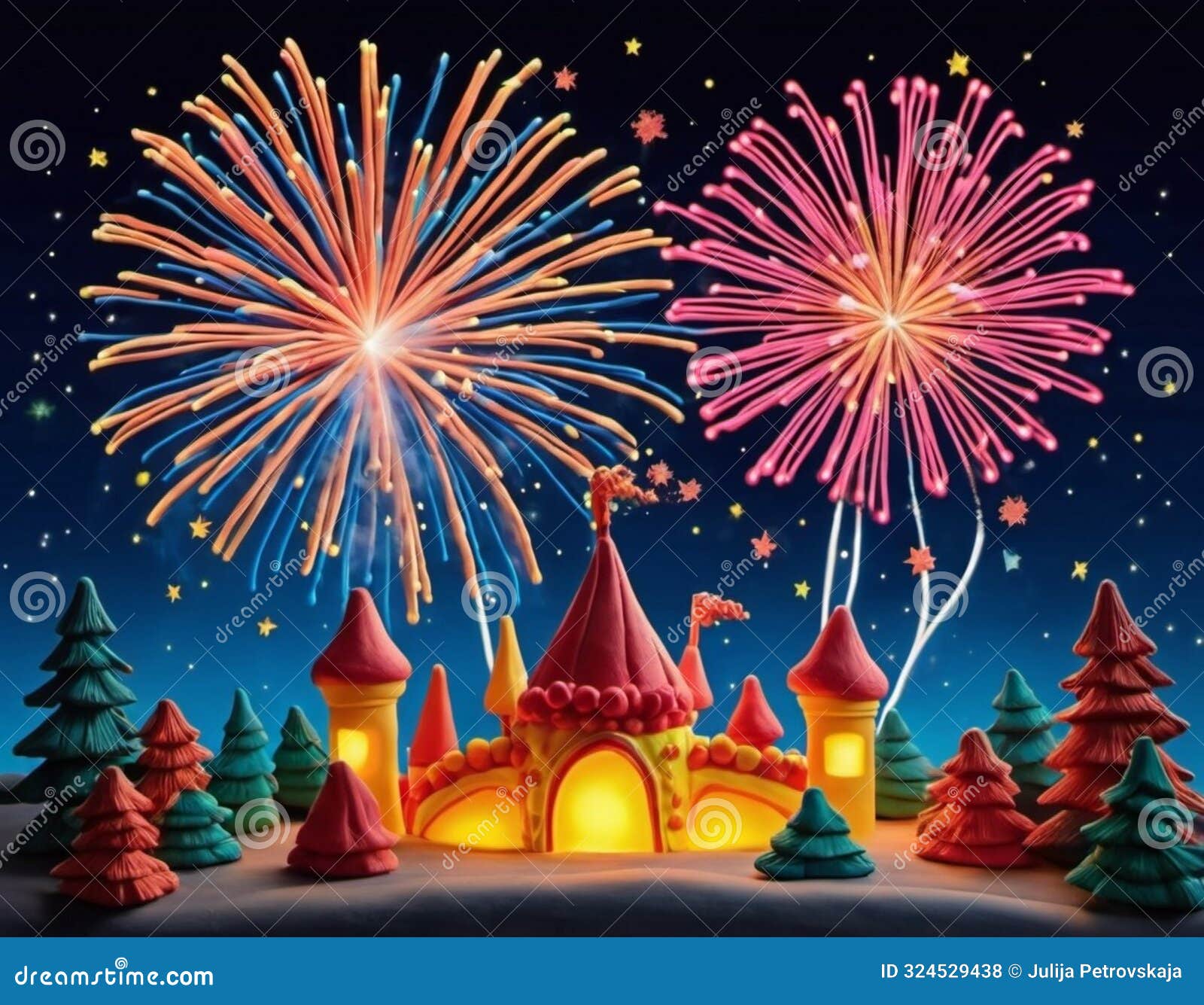 A Whimsical Nighttime Scene Featuring a Playdough Castle Illuminated by ...