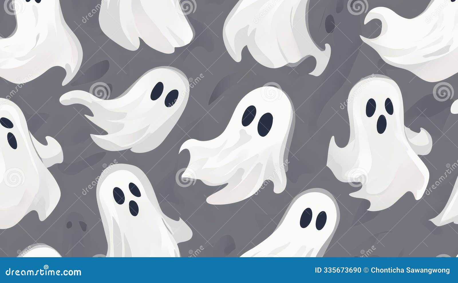 A Whimsical Pattern of Cute Ghosts Floating on a Grey Background, Perfect for Halloween-themed ...