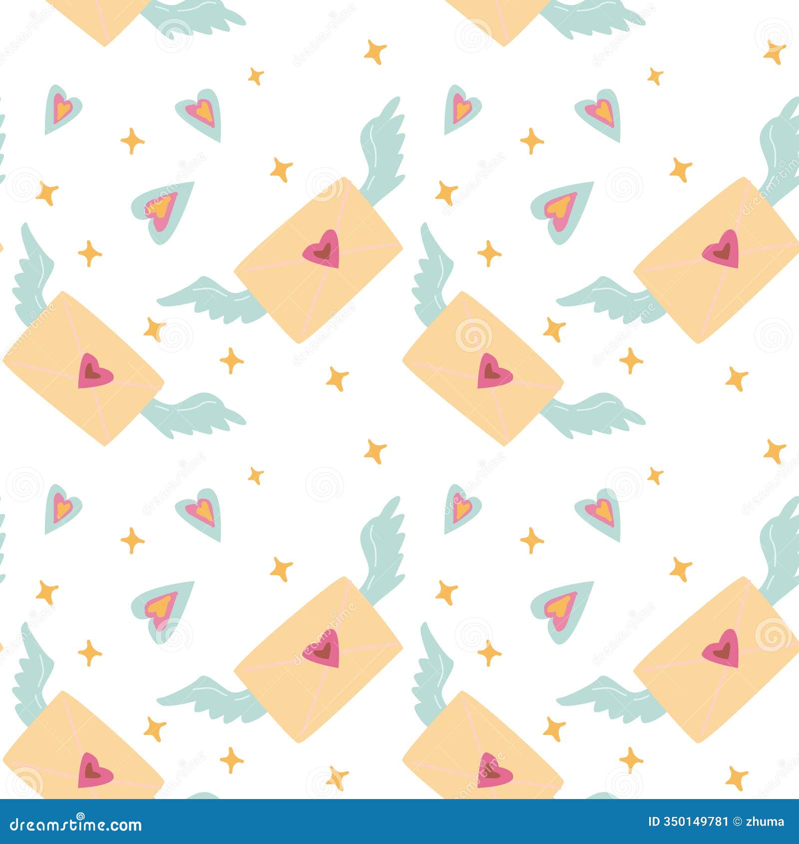 Whimsical Pattern with Winged Envelopes and Hearts on White Background ...