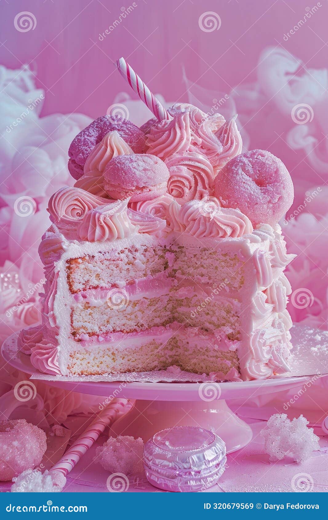 Whimsical Pink Layer Cake with Donuts and Candy in Dreamy Pastel ...