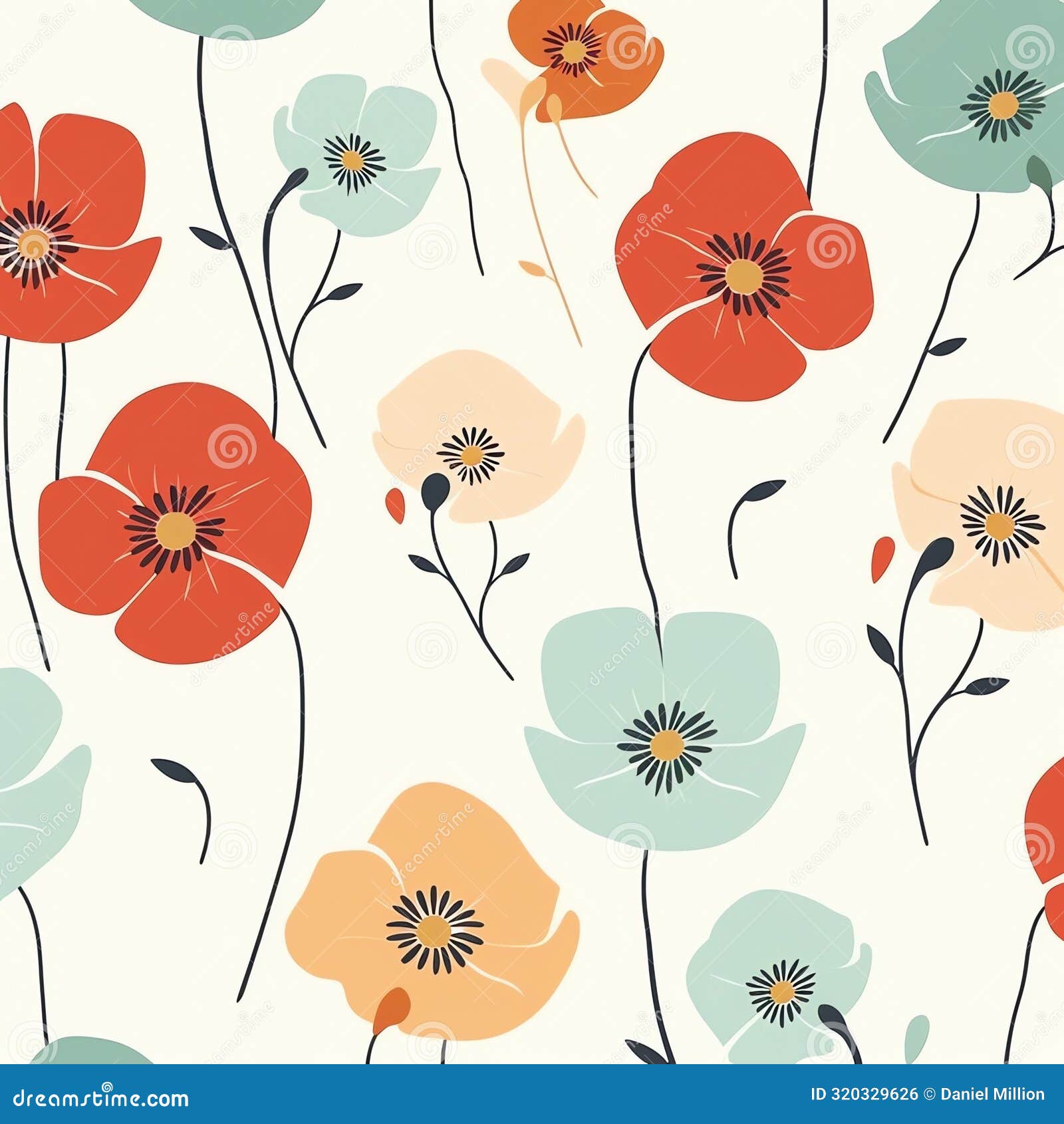 Whimsical Poppy Medley Flowers Background Pattern Wallpaper Vector Old ...