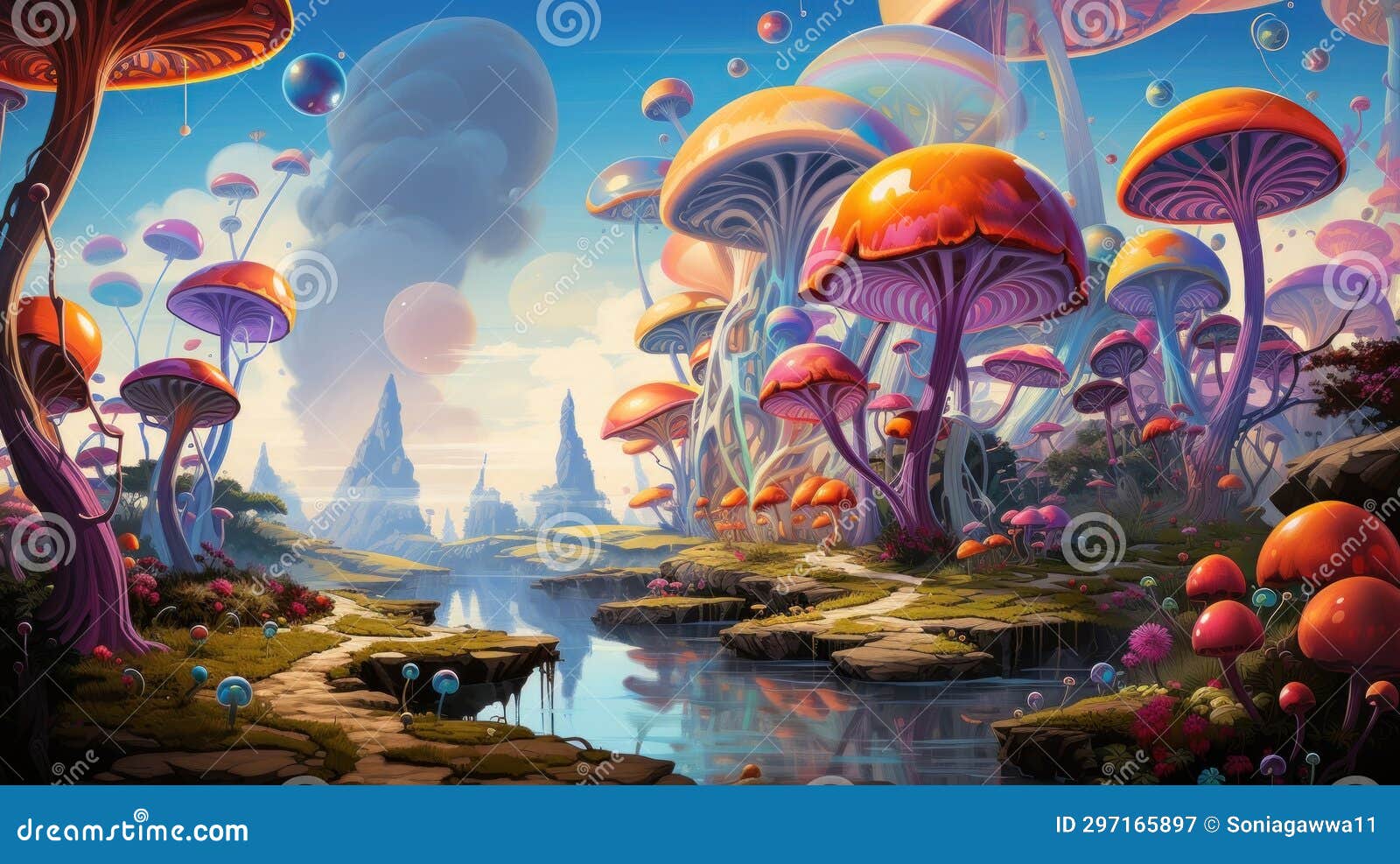 Whimsical Psychedelic Dreamscape Of Floating Islands, Luminescent ...