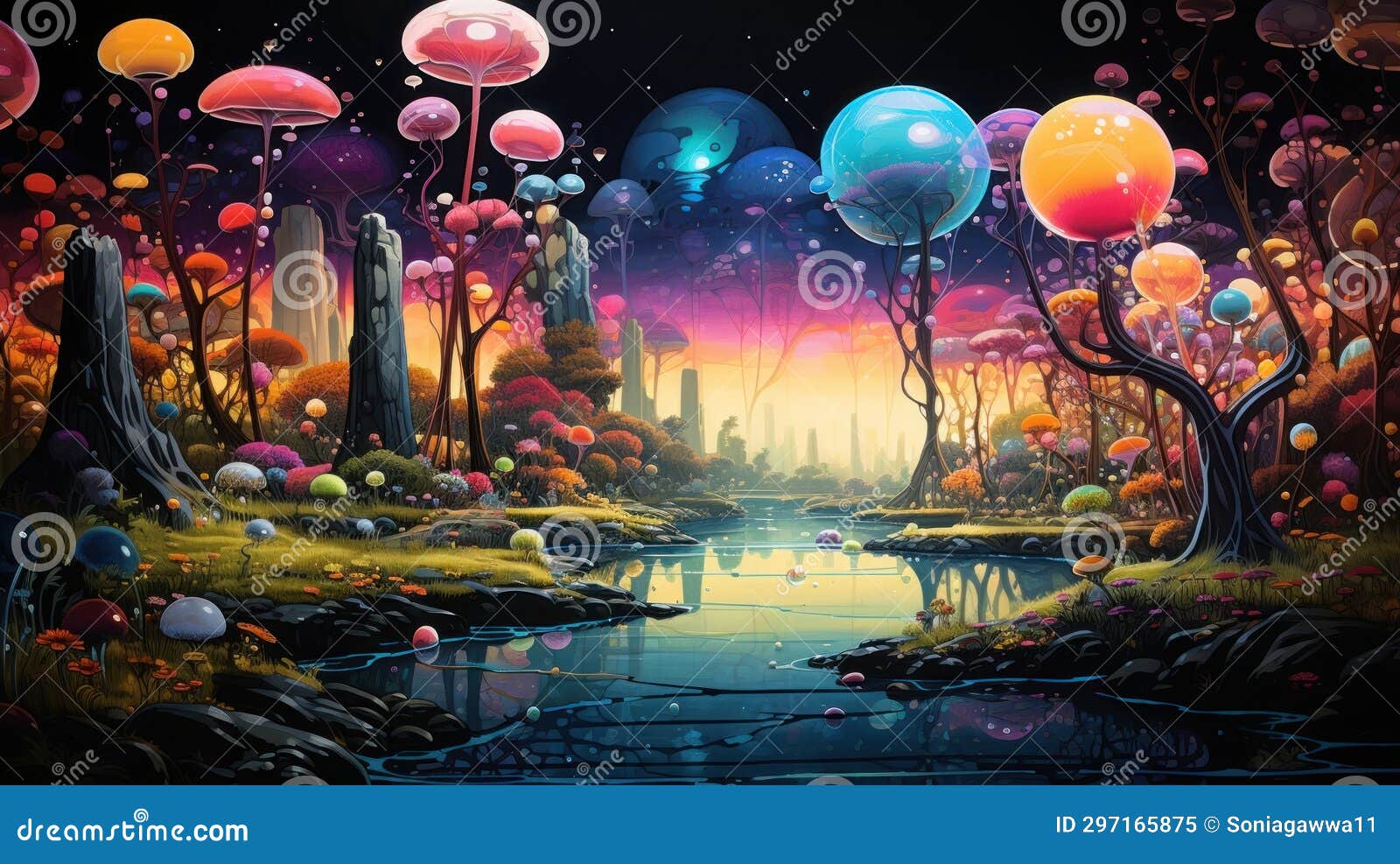 Whimsical Psychedelic Dreamscape Of Floating Islands, Luminescent ...