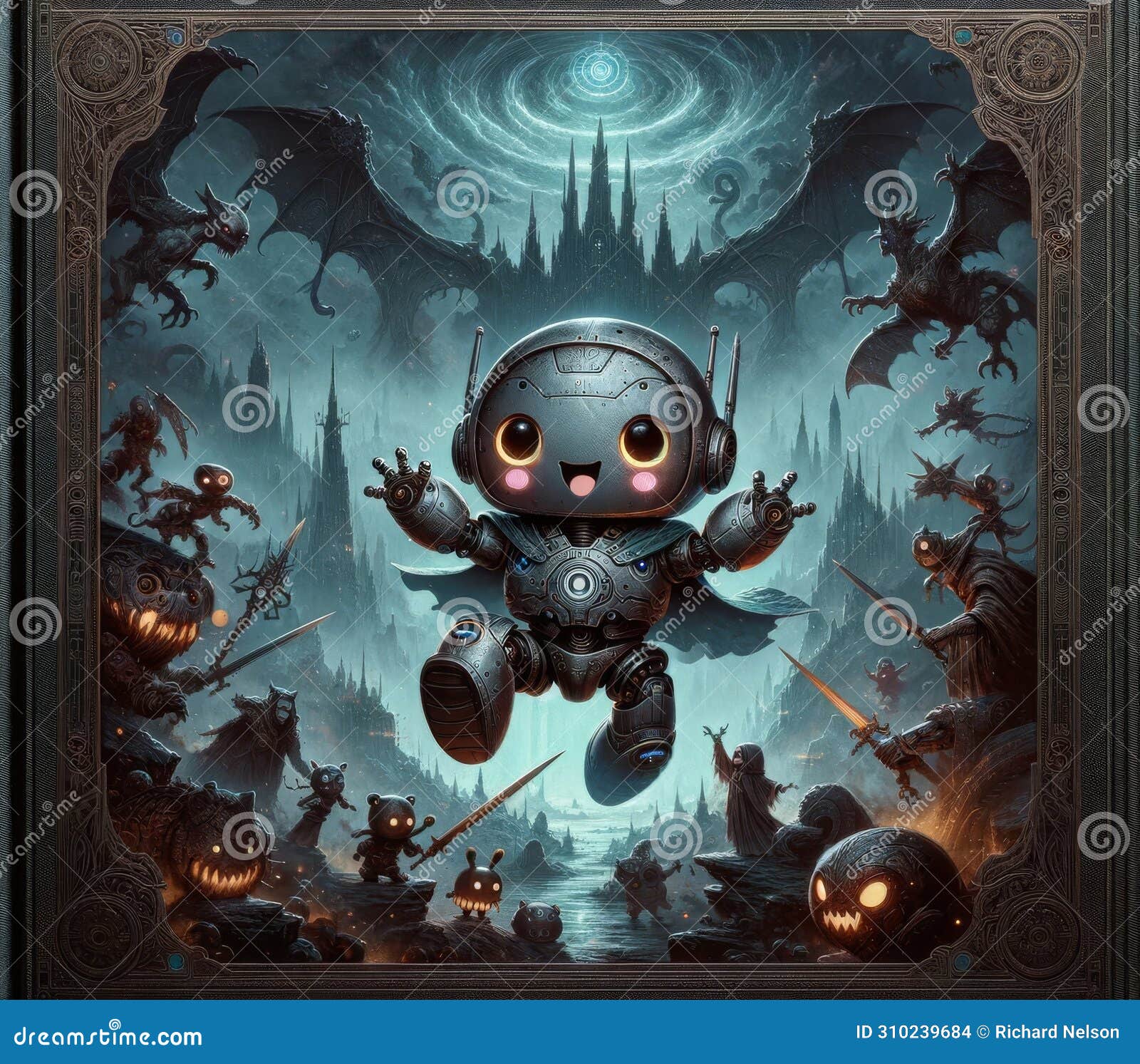 Fantasy Robot Leading Creatures in a Dark Landscape Stock Illustration ...