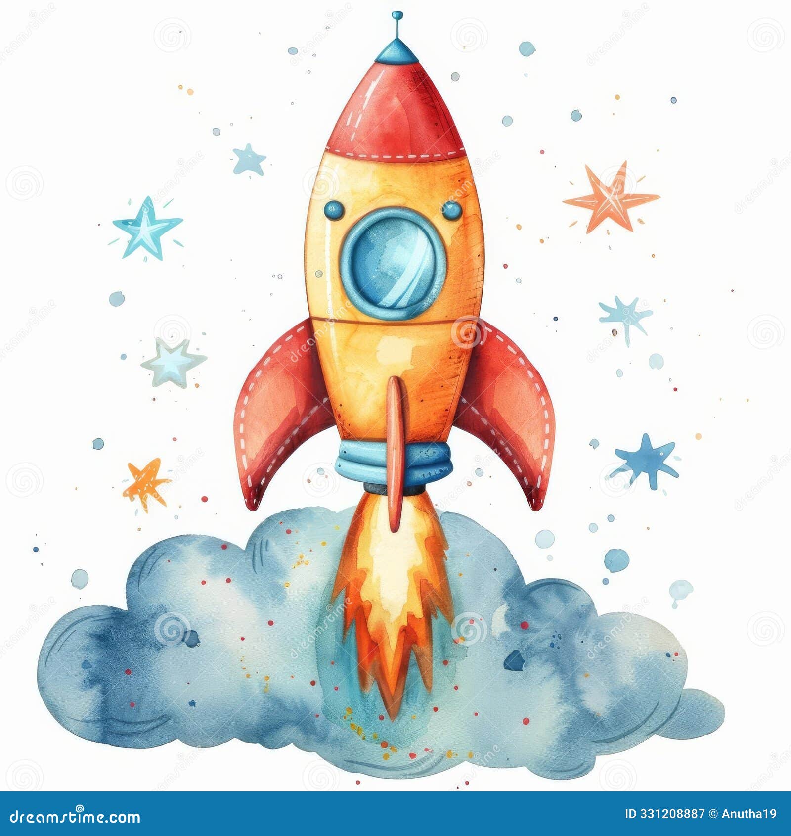 Whimsical Rocket Launch With Stars And Clouds In A Night Sky Setting ...