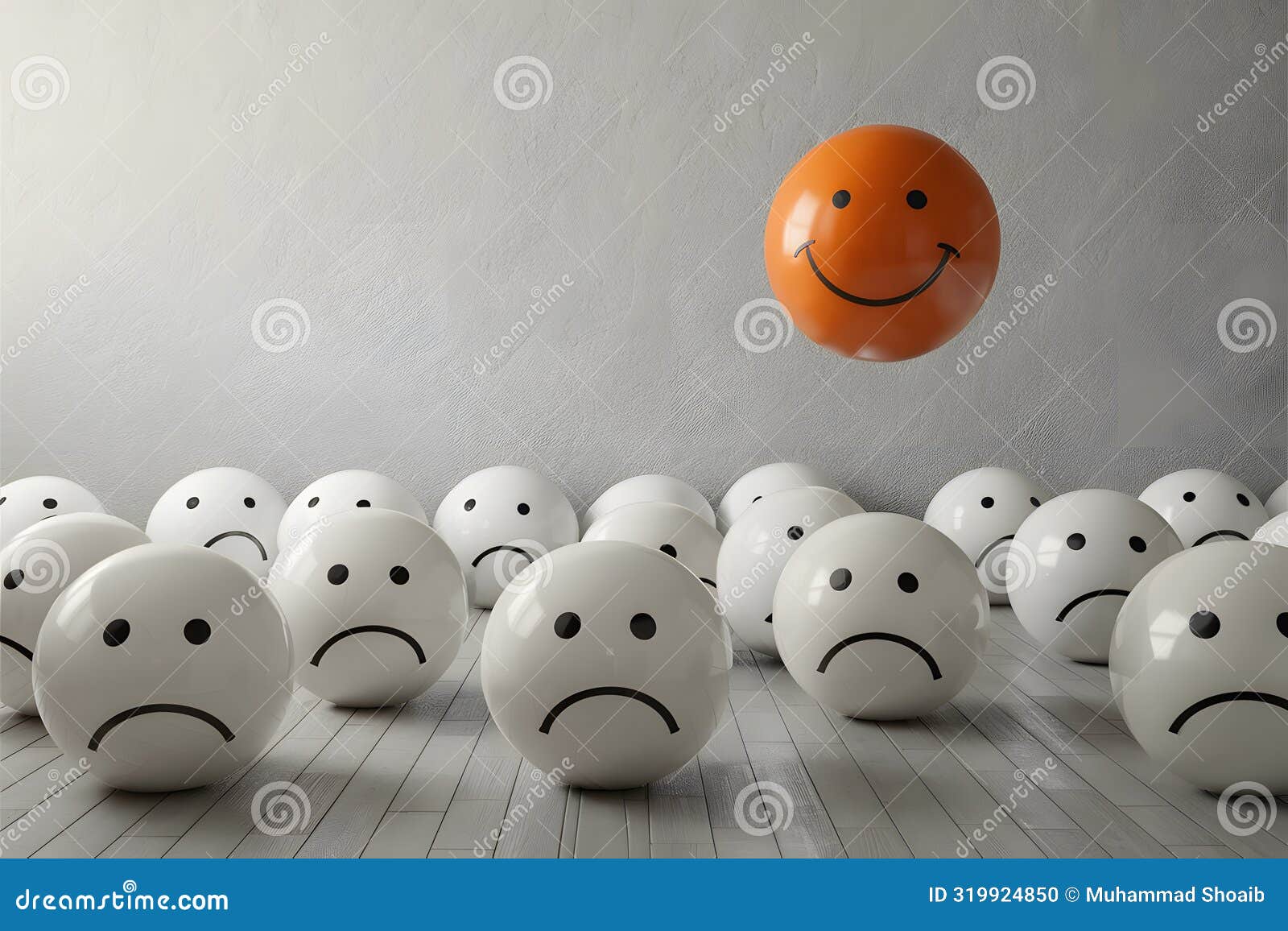 Whimsical Room with Sad Faced White Objects and One Happy Orange Object ...
