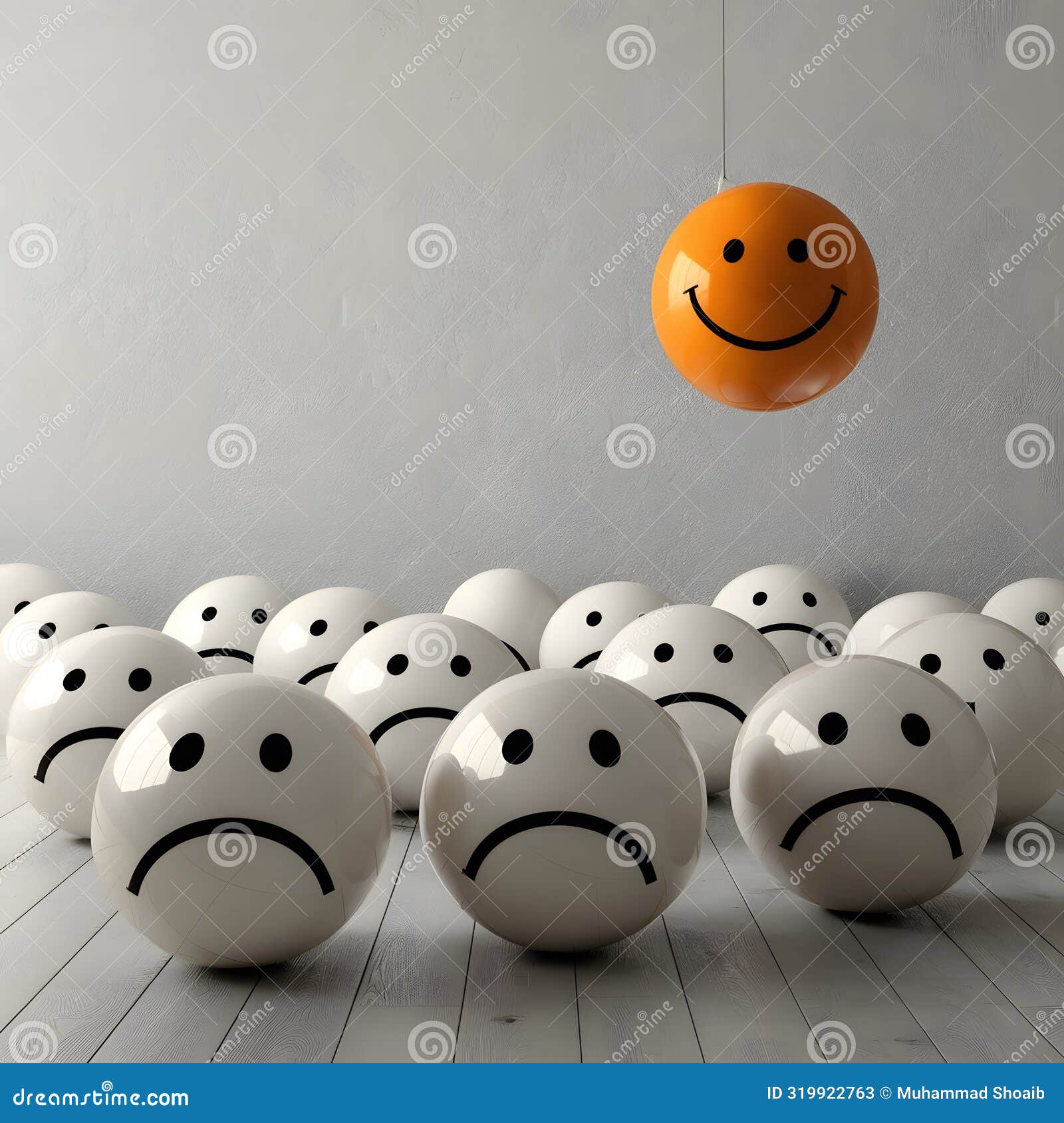 Whimsical Room with Sad Faced White Objects and One Happy Orange Object ...