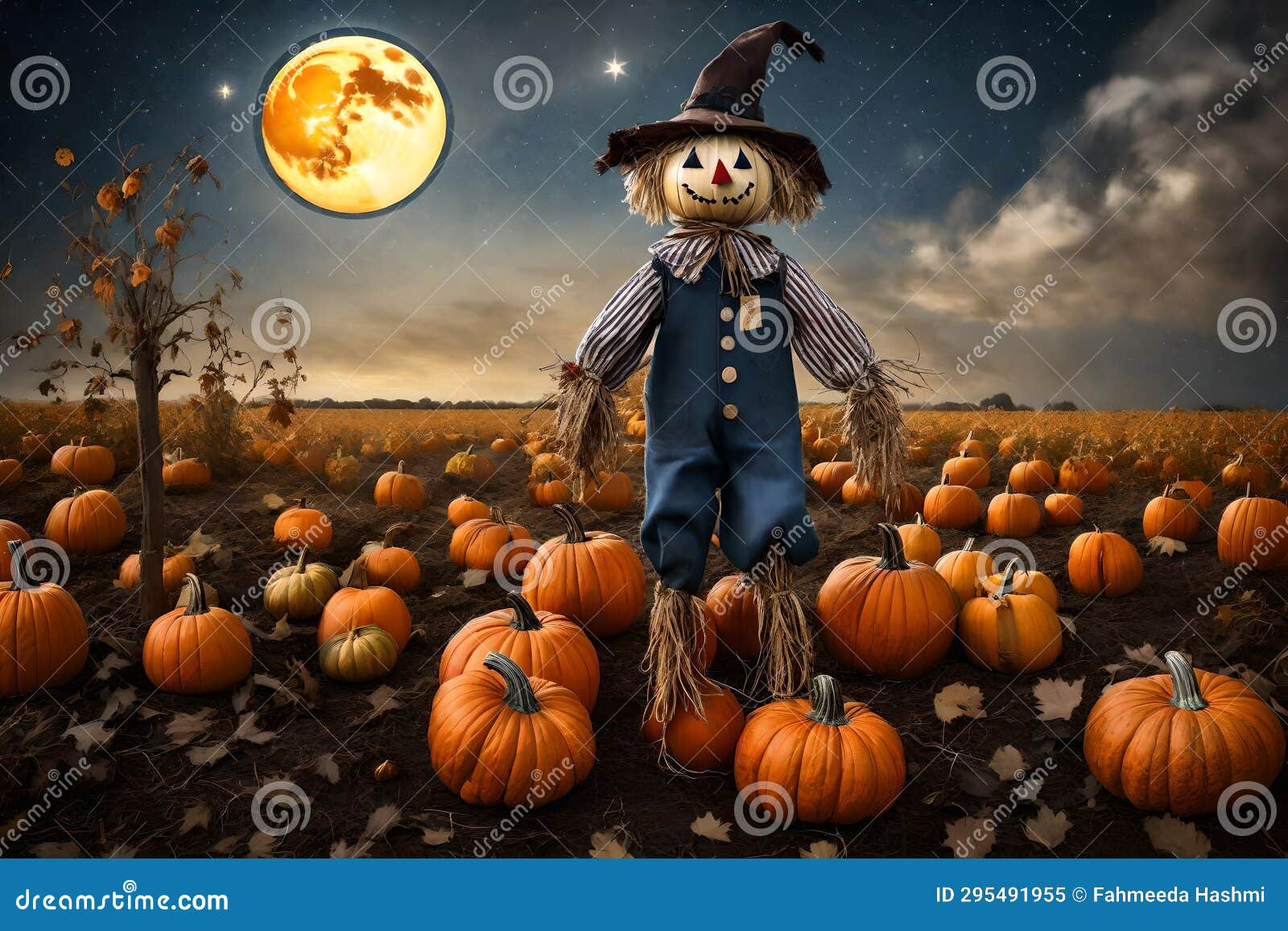 A Whimsical Scarecrow Standing in a Pumpkin Patch Under the ...