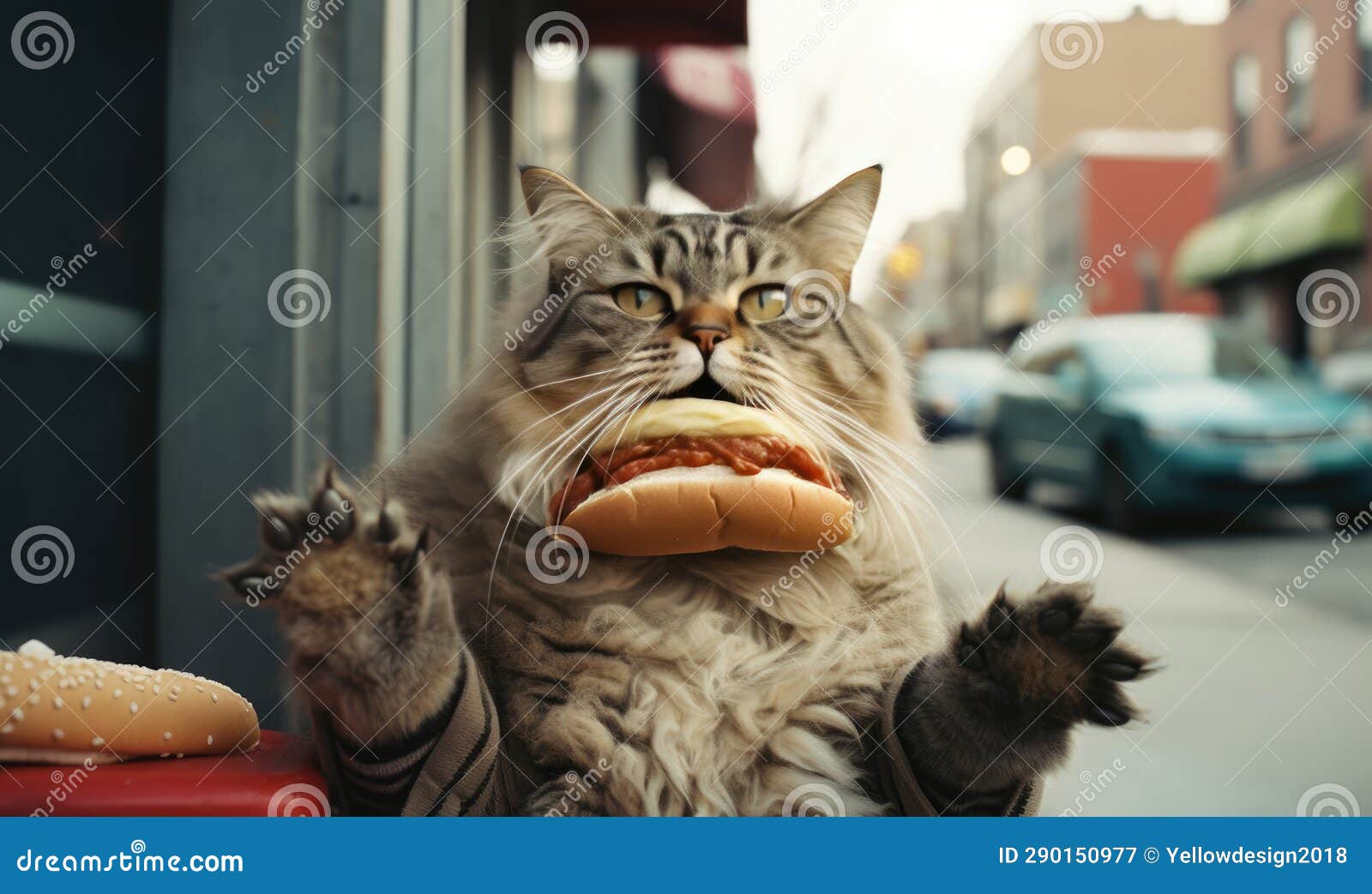 Whimsical Scene of a Cat in Delightfully Nibbling on a Juicy Hamburger ...